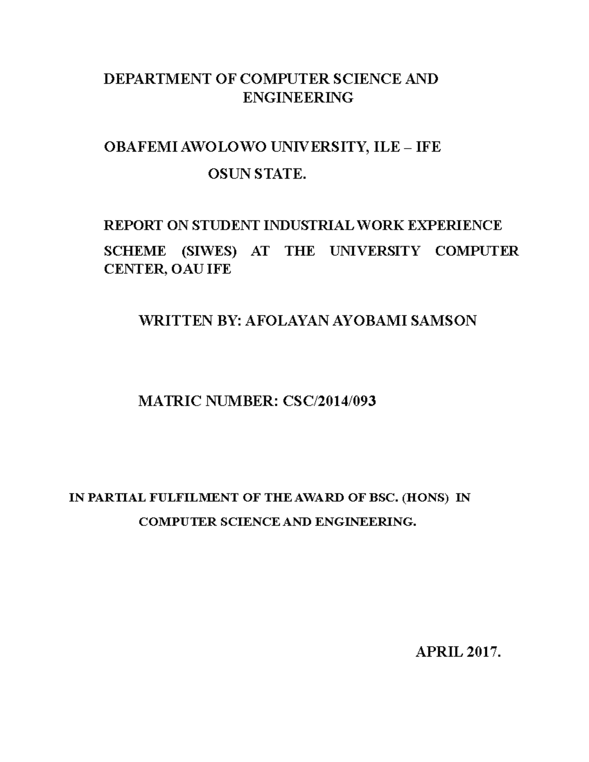 Siwes Report - computer hardware maintenance - DEPARTMENT OF COMPUTER ...