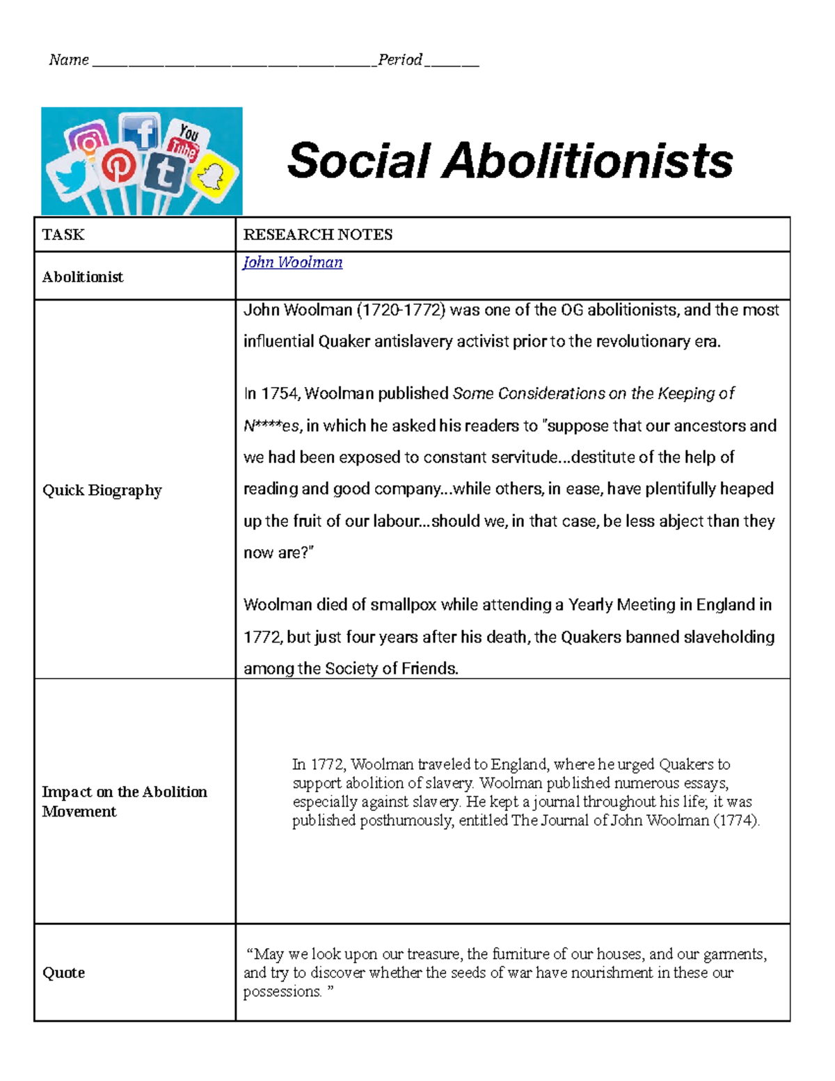 Social Media Project - Social Abolitionists TASK RESEARCH NOTES ...