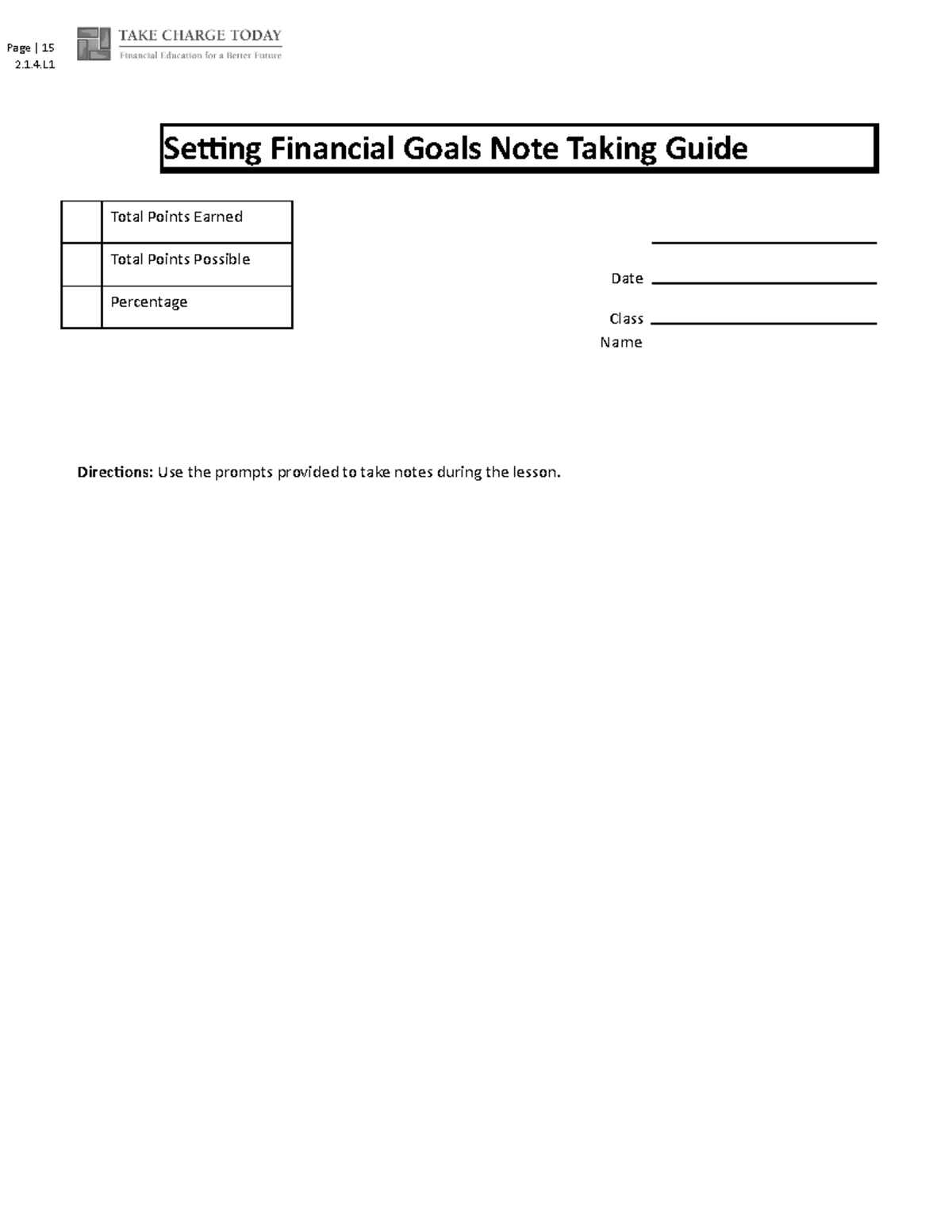 Setting Financial Goals Note Taking Guide 2.1 - Page | 15 2.1 Setting ...