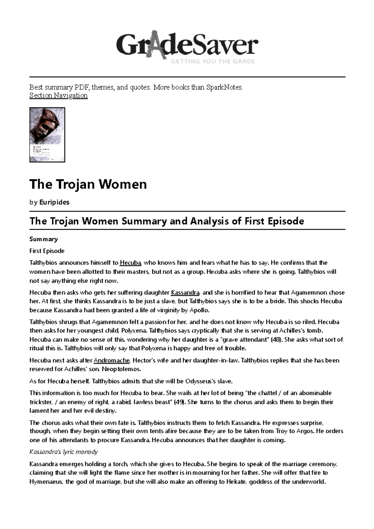 The Trojan Women First Episode Summary and Analysis Grade Saver - Best ...