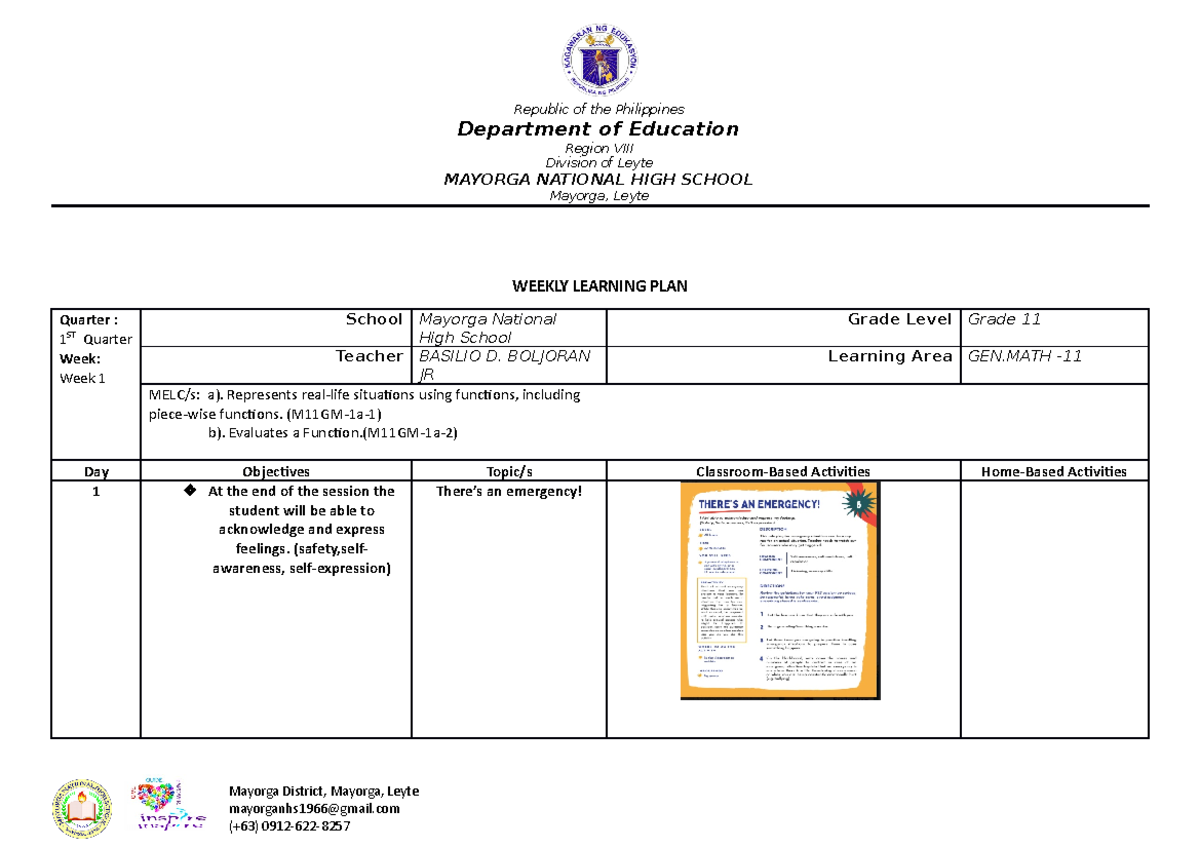 Weekly- Learning-PLAN GEN.MATH (Auto Recovered) - Republic of the ...
