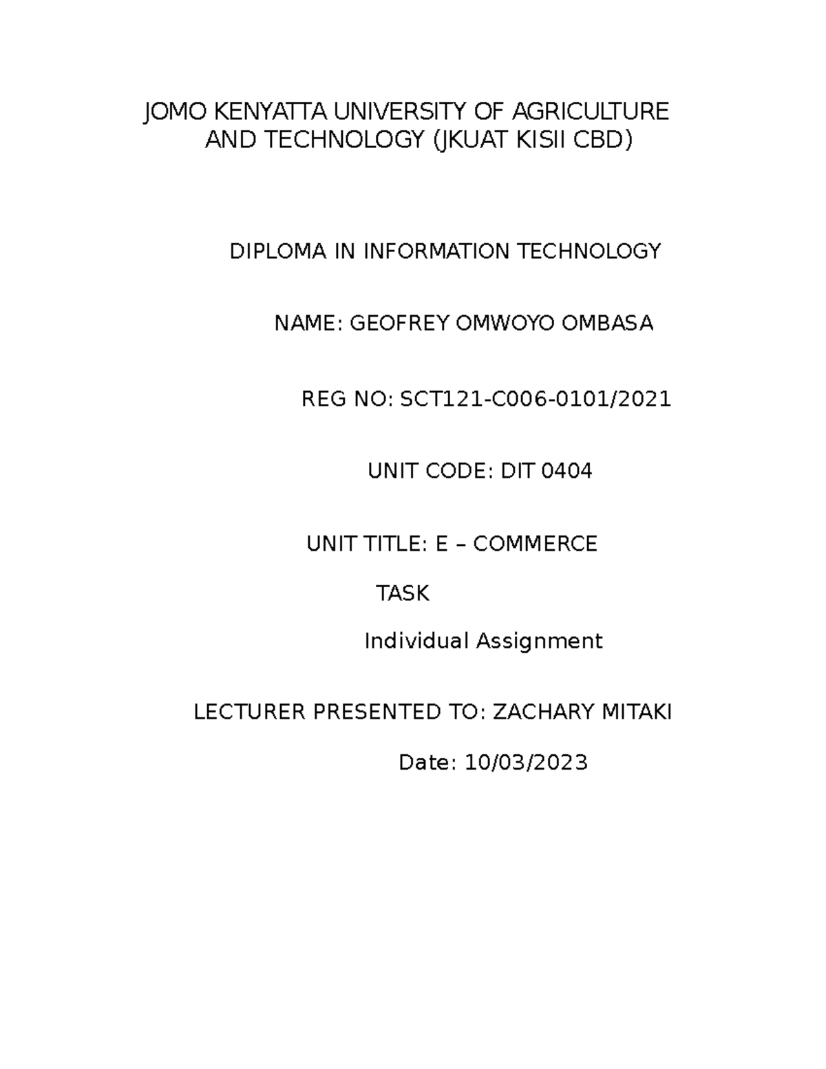 E- Commerce Assignment - JOMO KENYATTA UNIVERSITY OF AGRICULTURE AND ...