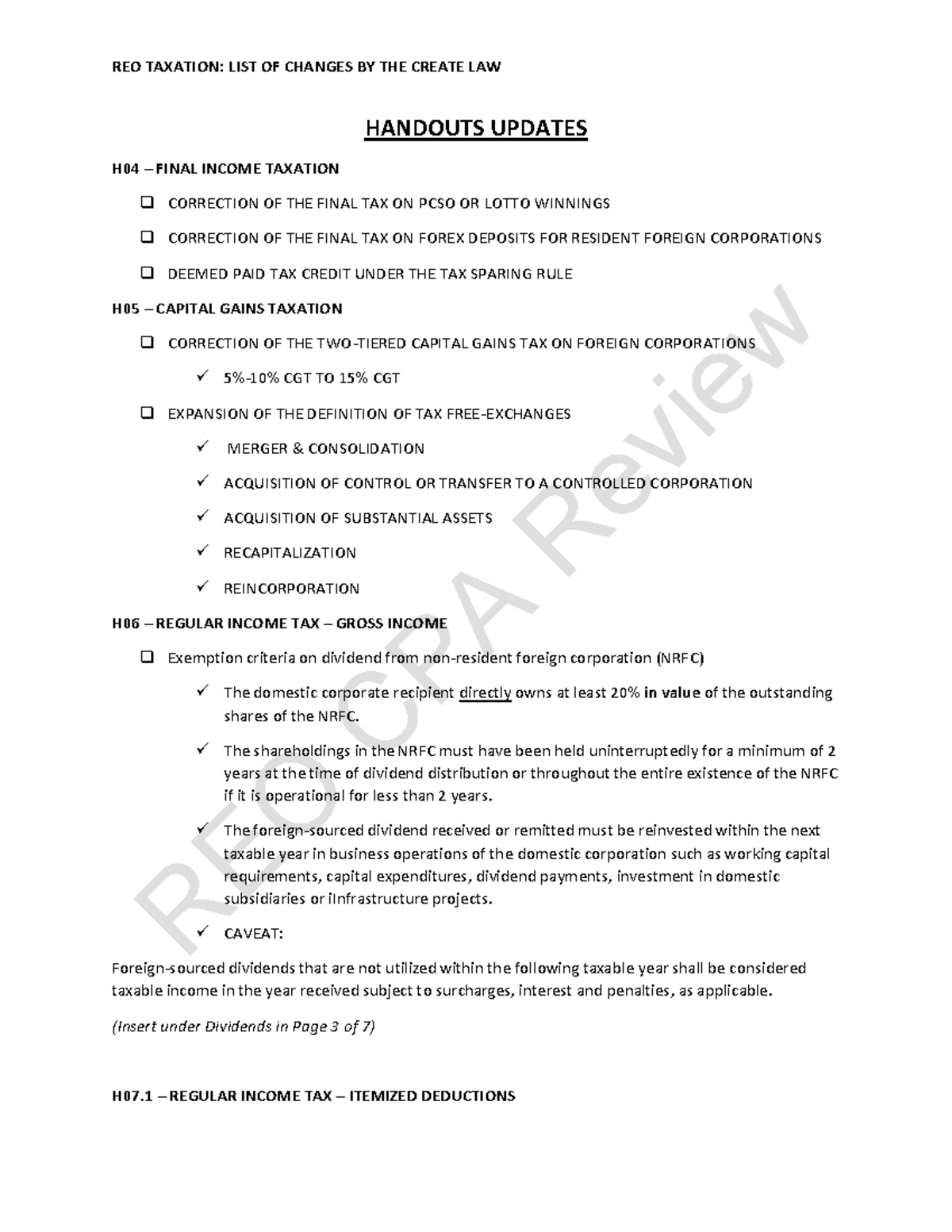 Create LAW Handouts Updates - REO CPA Review REO TAXATION: LIST OF ...
