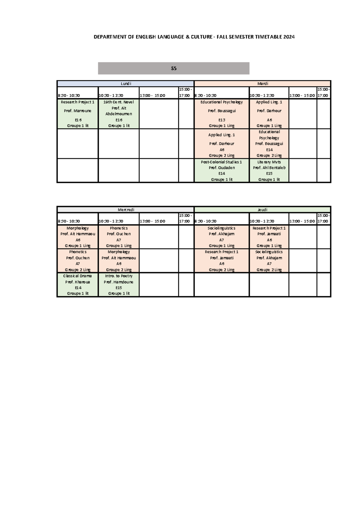 English TIME Table 1 1 - 8:30 - 10:30 10:30 - 12:30 13:00 - 15: 15:00 ...