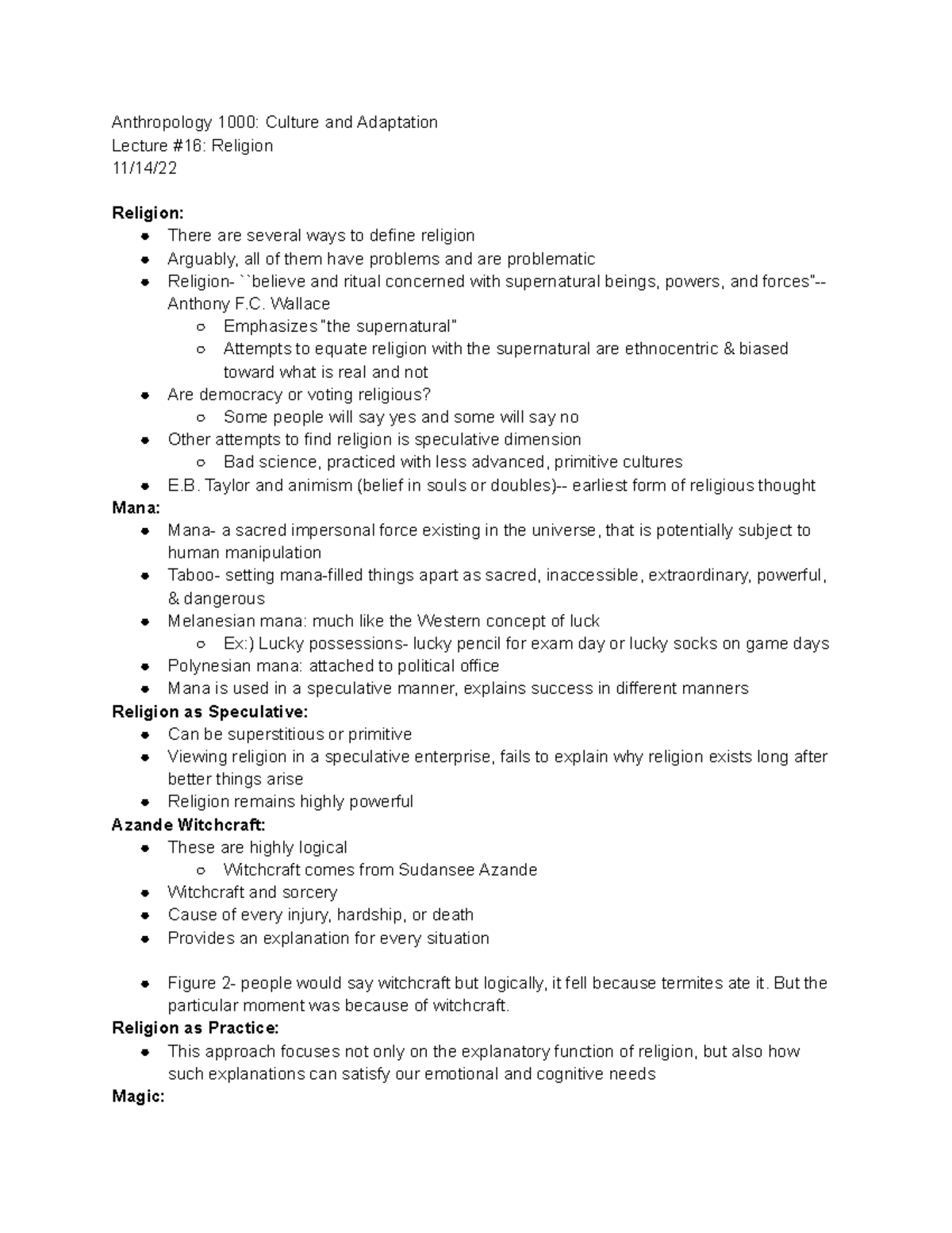 Anthropology Notes Exam #3 - Anthropology 1000: Culture and Adaptation ...