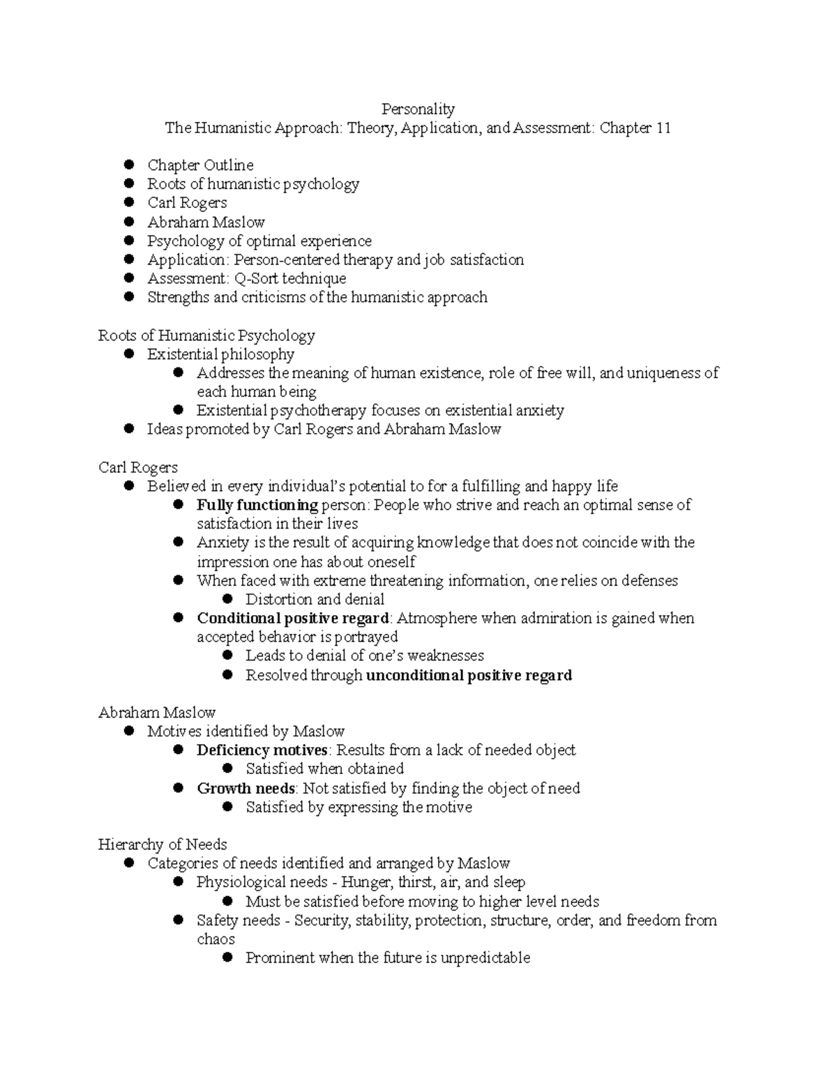 Personality chpt 11 - Personality The Humanistic Approach: Theory ...