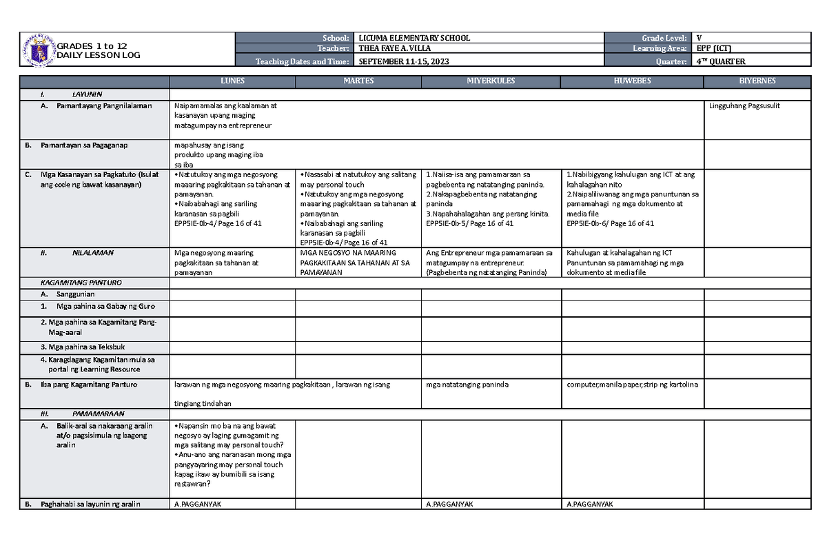 DLL EPP 5 Q4 W2 - GRADES 1 to 12 DAILY LESSON LOG School: LICUMA ...