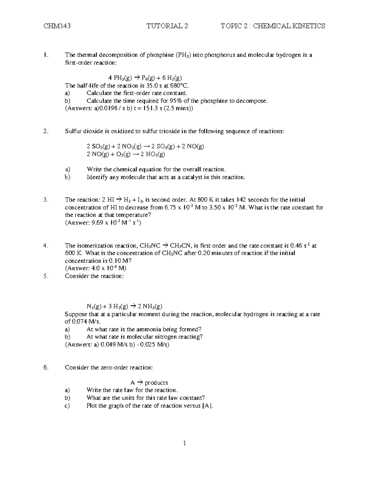 Tutorial 2 CHM143-2 - CHM 143 TUTORIAL 2 TOPIC 2 : CHEMICAL KINETICS 1 ...