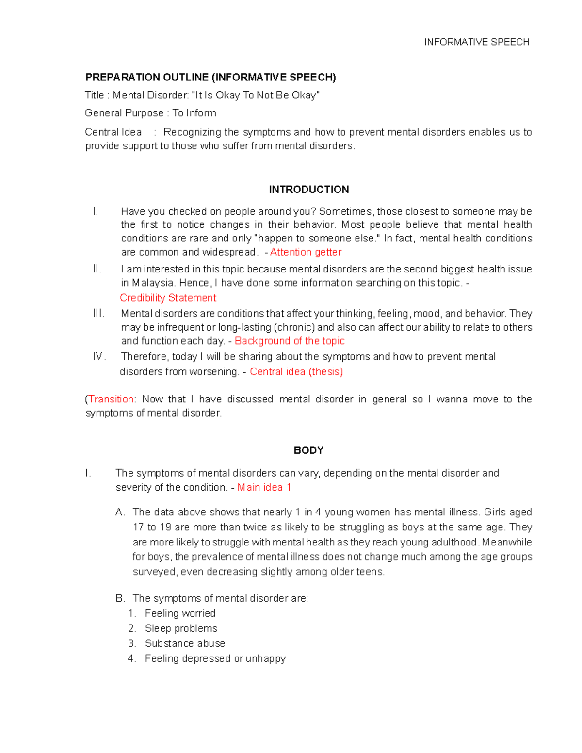 ELC590 Informative Speech Outline - INFORMATIVE SPEECH PREPARATION OUTLINE (INFORMATIVE SPEECH ...