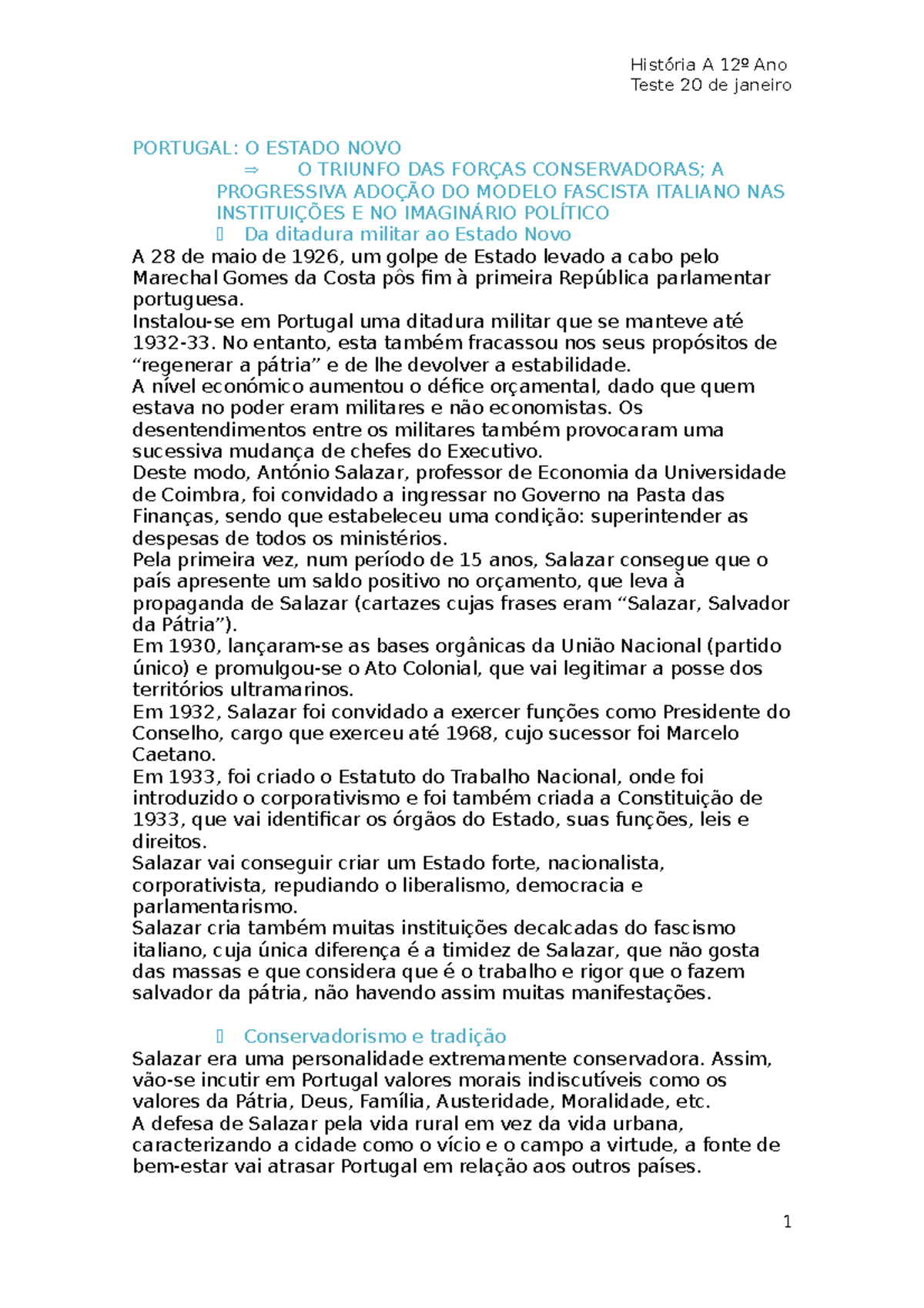 Resumos Estado Novo - ehehe - Teste 20 de janeiro PORTUGAL: O ESTADO ...