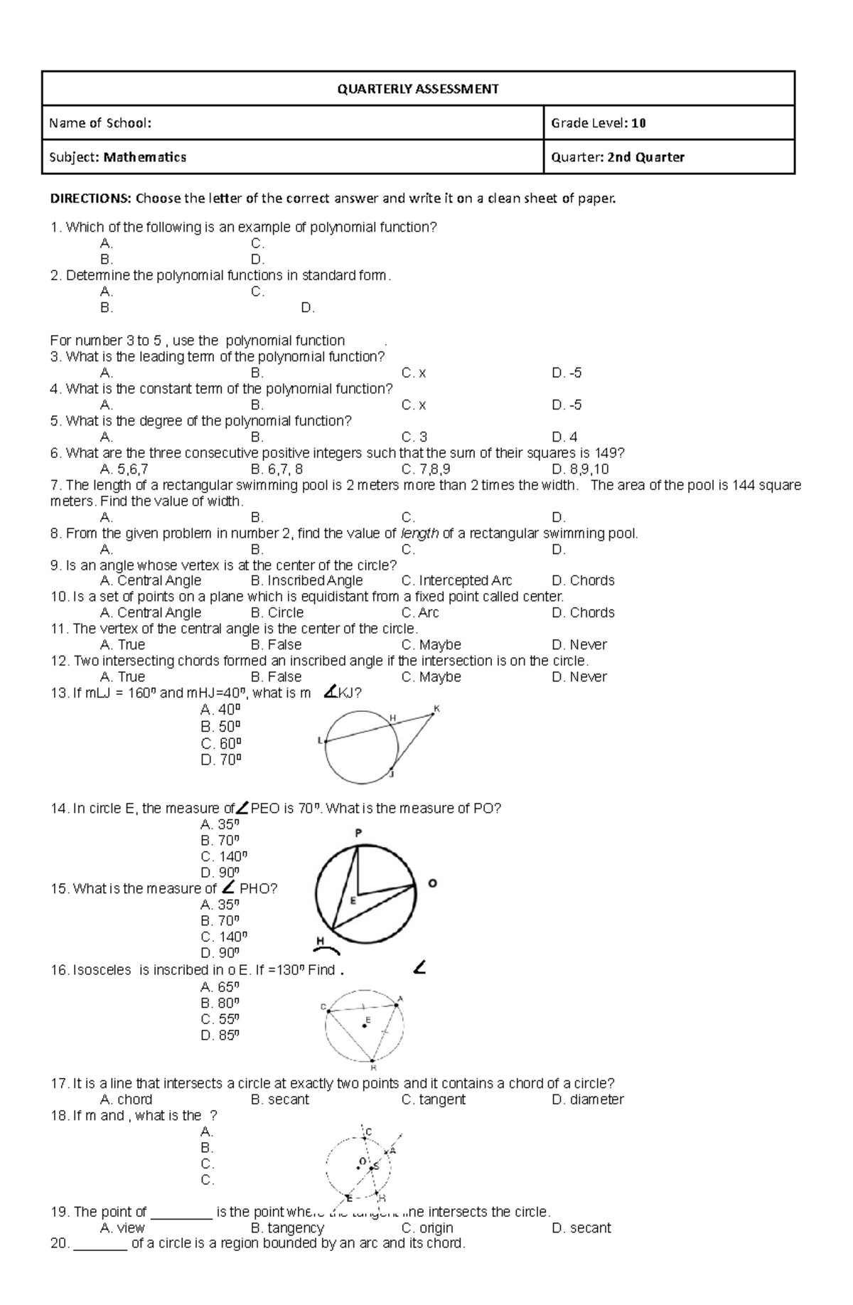 TEST Math10 Q2 - Test in Mathematics for Quarter. - QUARTERLY ...