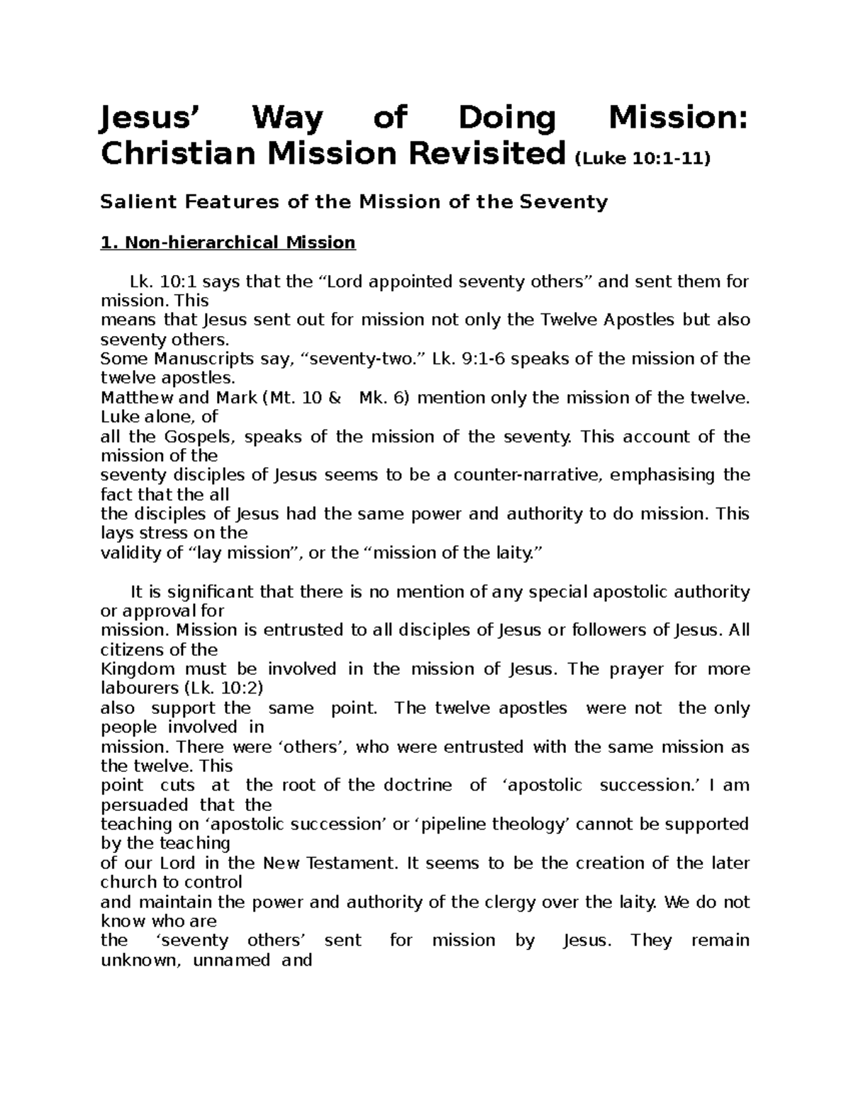 Mission accdg to jesus - Lecture notes 1 - Jesus’ Way of Doing Mission ...