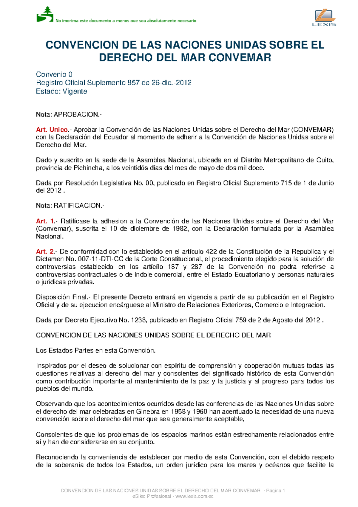 Convención DE LAS Naciones Unidas Sobre EL Derecho DEL MAR Convemar ...