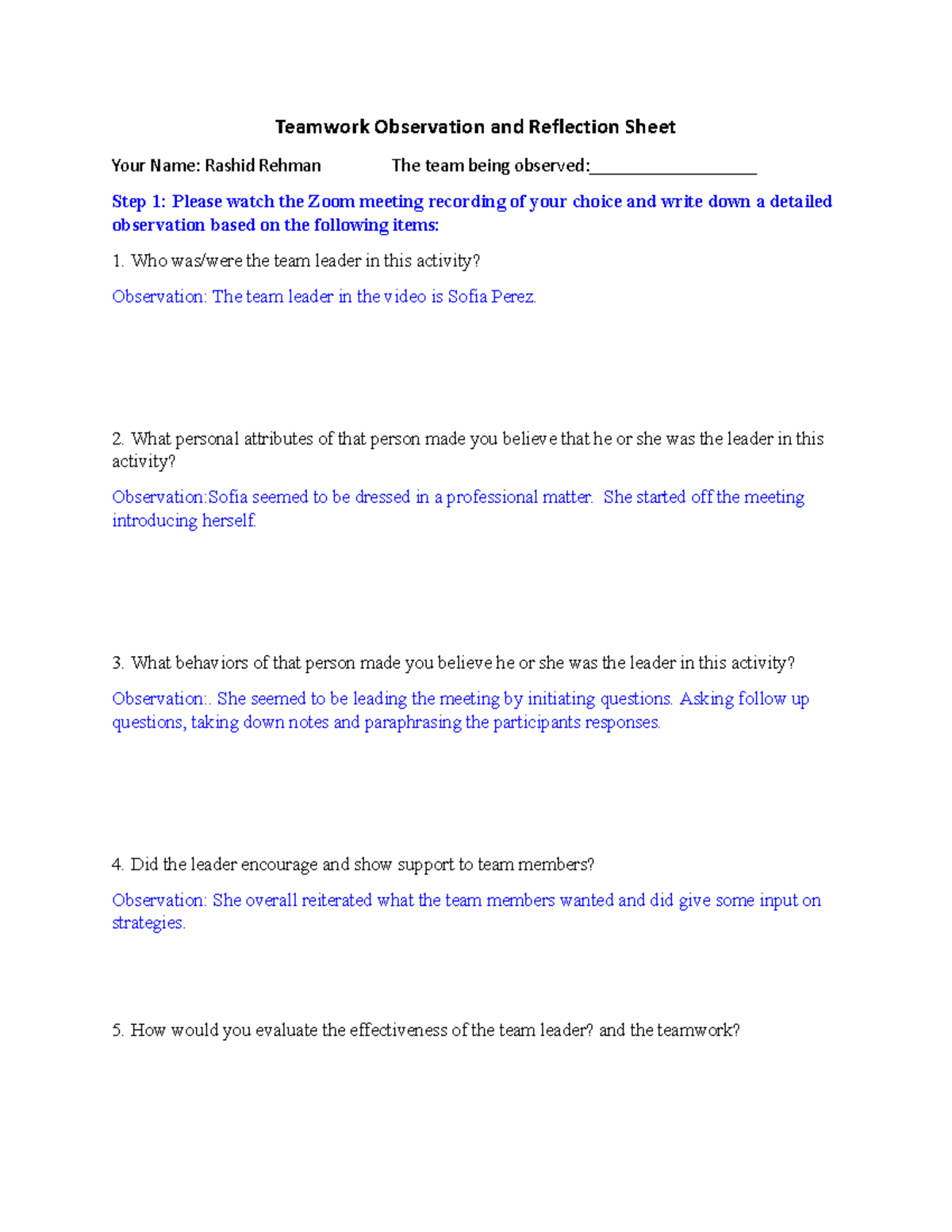 Teamwork Observation and Reflection Sheet-1 - What personal attributes ...