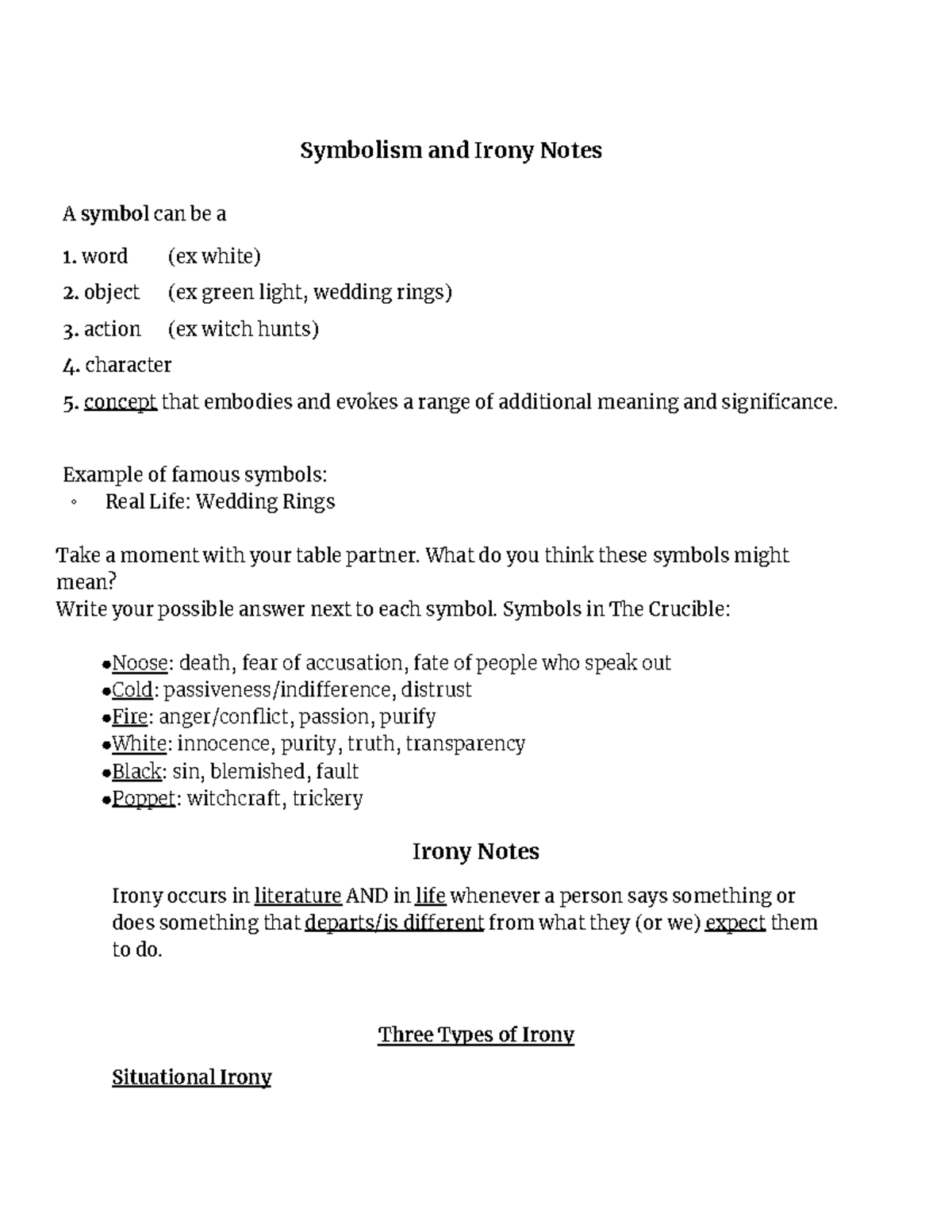 Symbolism and Irony Notes ( Crucible) - Symbolism and Irony Notes A ...