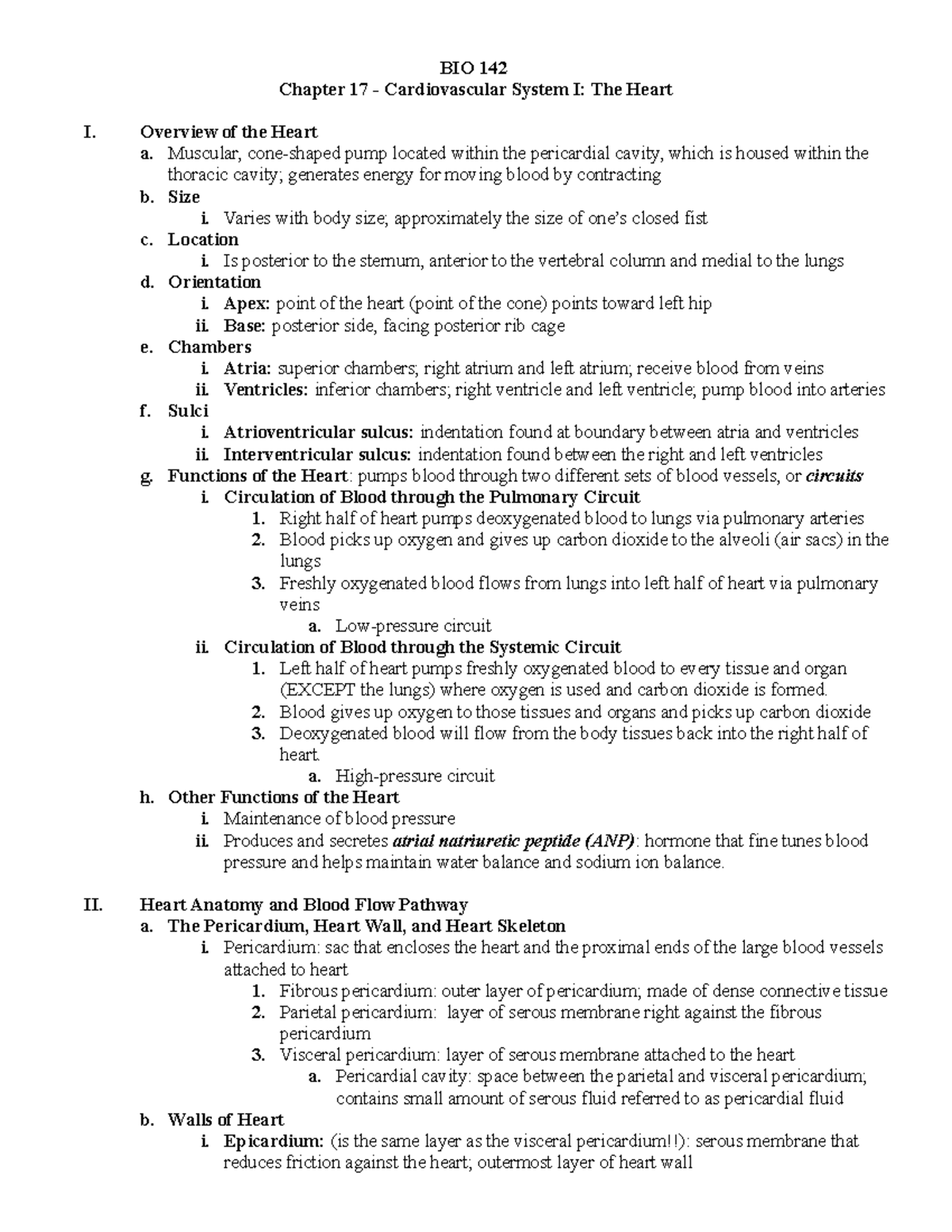 Bio142Chapter 17outline - BIO 142 Chapter 17 - Cardiovascular System I ...