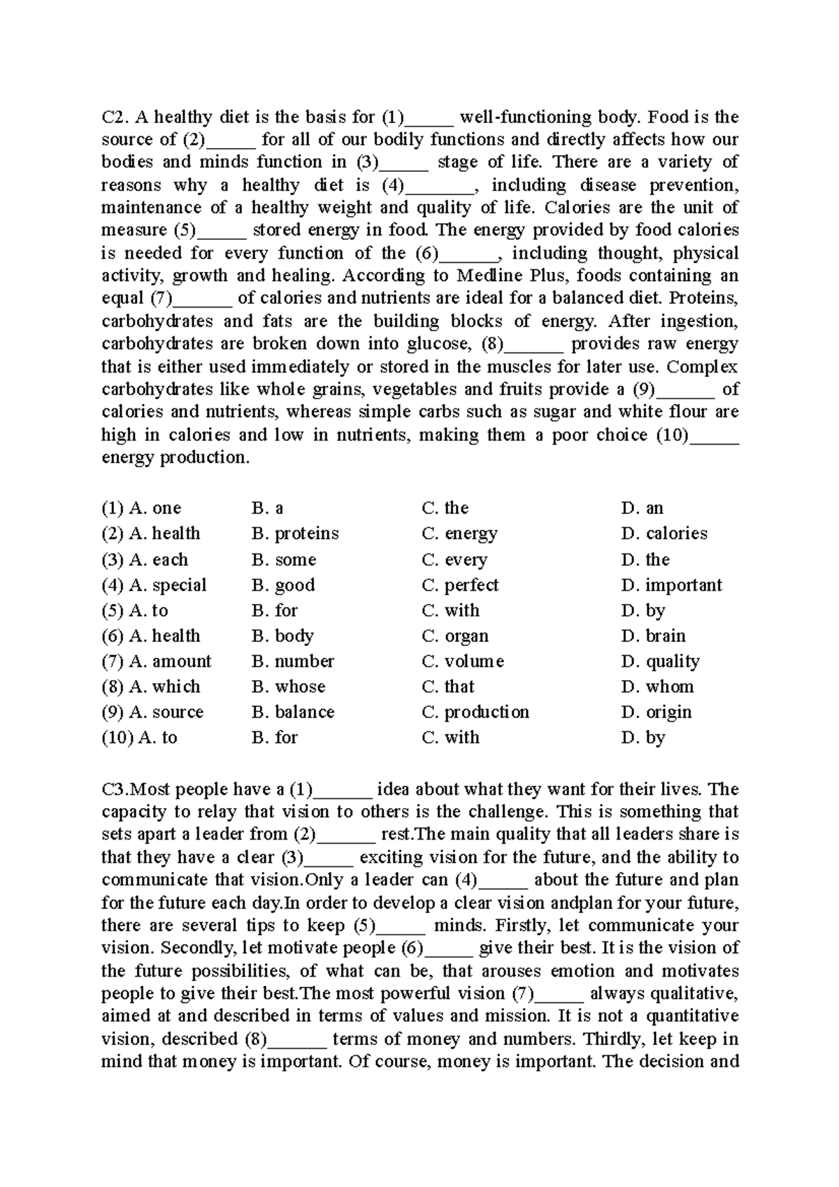 Cloze test 2 - Tiếng anh - C2. A healthy diet is the basis for (1 ...