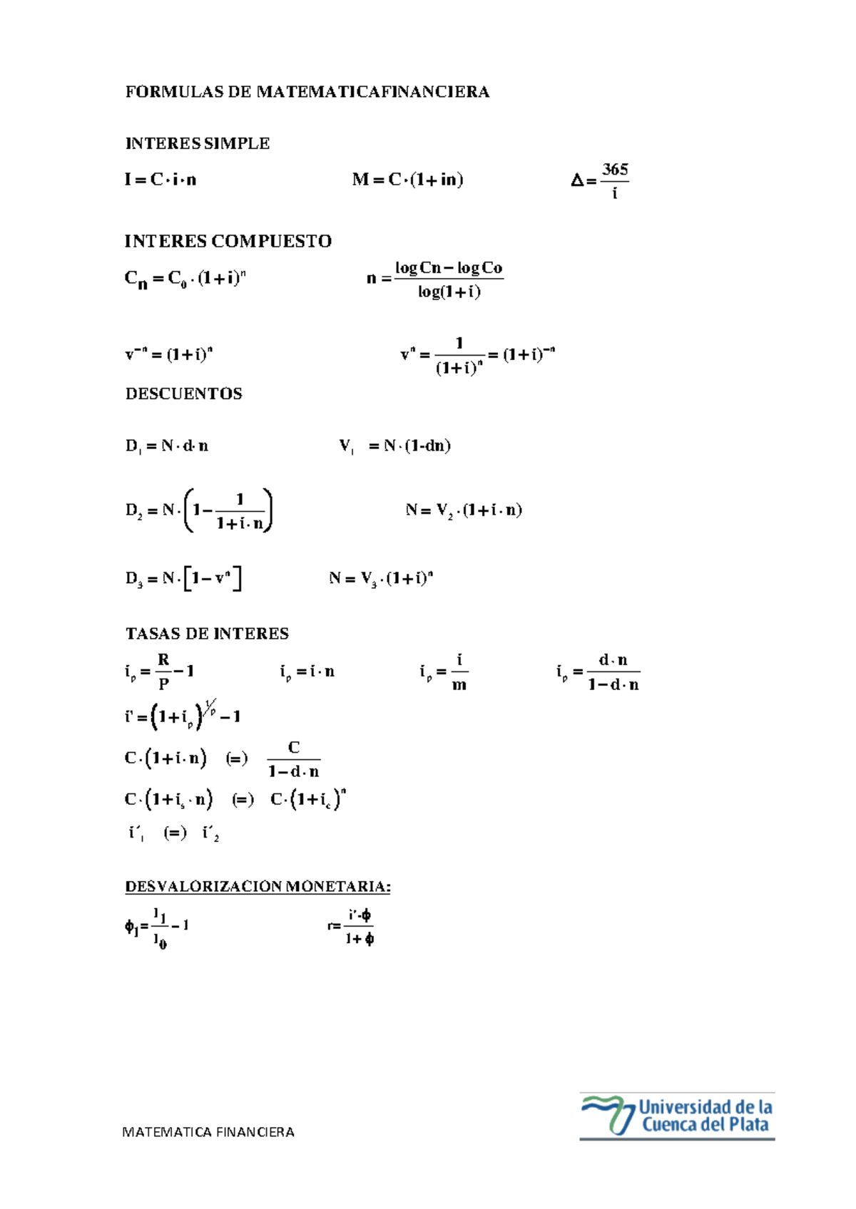 Resumen DE Formulas MAT - MATEMATICA FINANCIERA n 0 FORMULAS DE ...