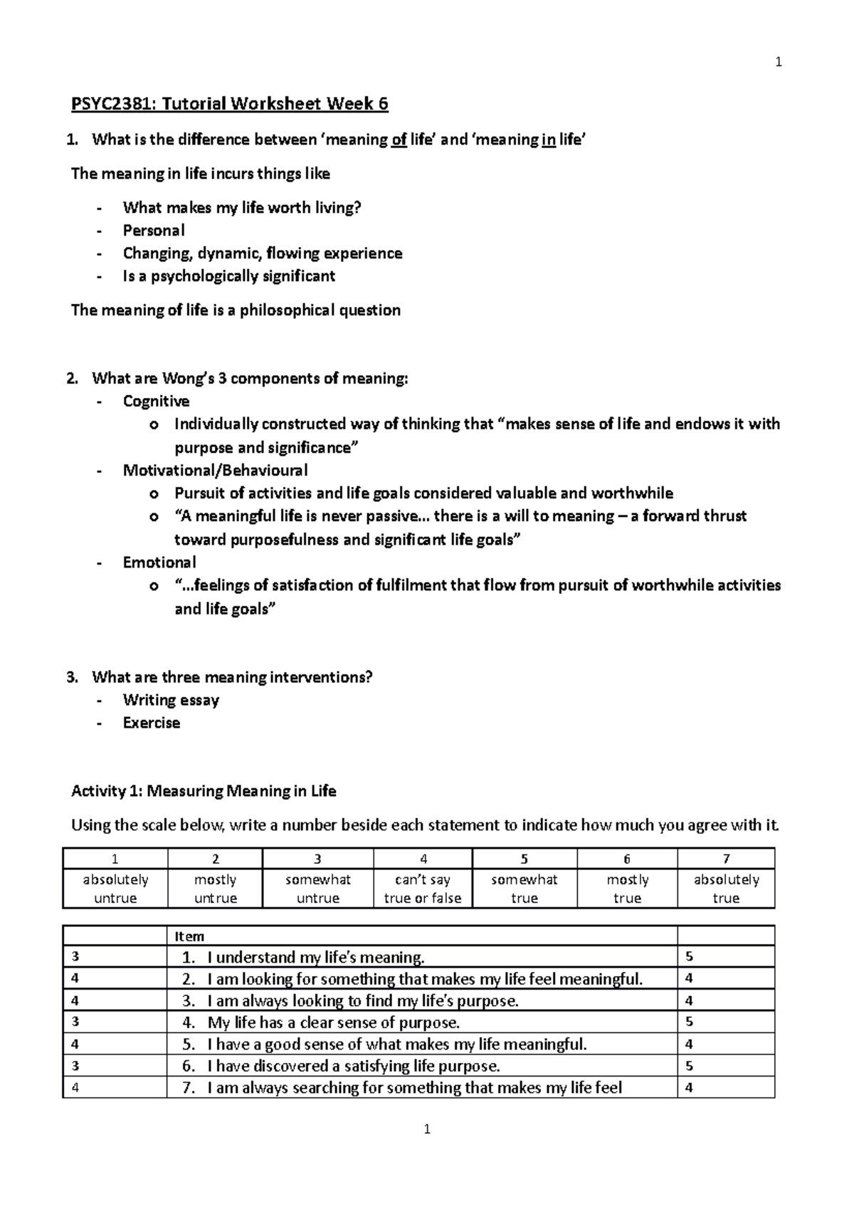 TW6-Meaning and values - PSYC2381: Tutorial Worksheet Week 6 What is ...