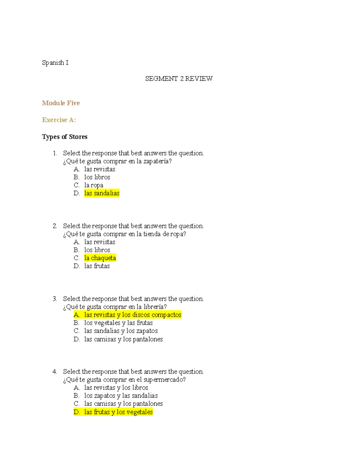 Spanish 1 FLVS- SEG. 2 Review - Spanish I SEGMENT 2 REVIEW Module Five ...