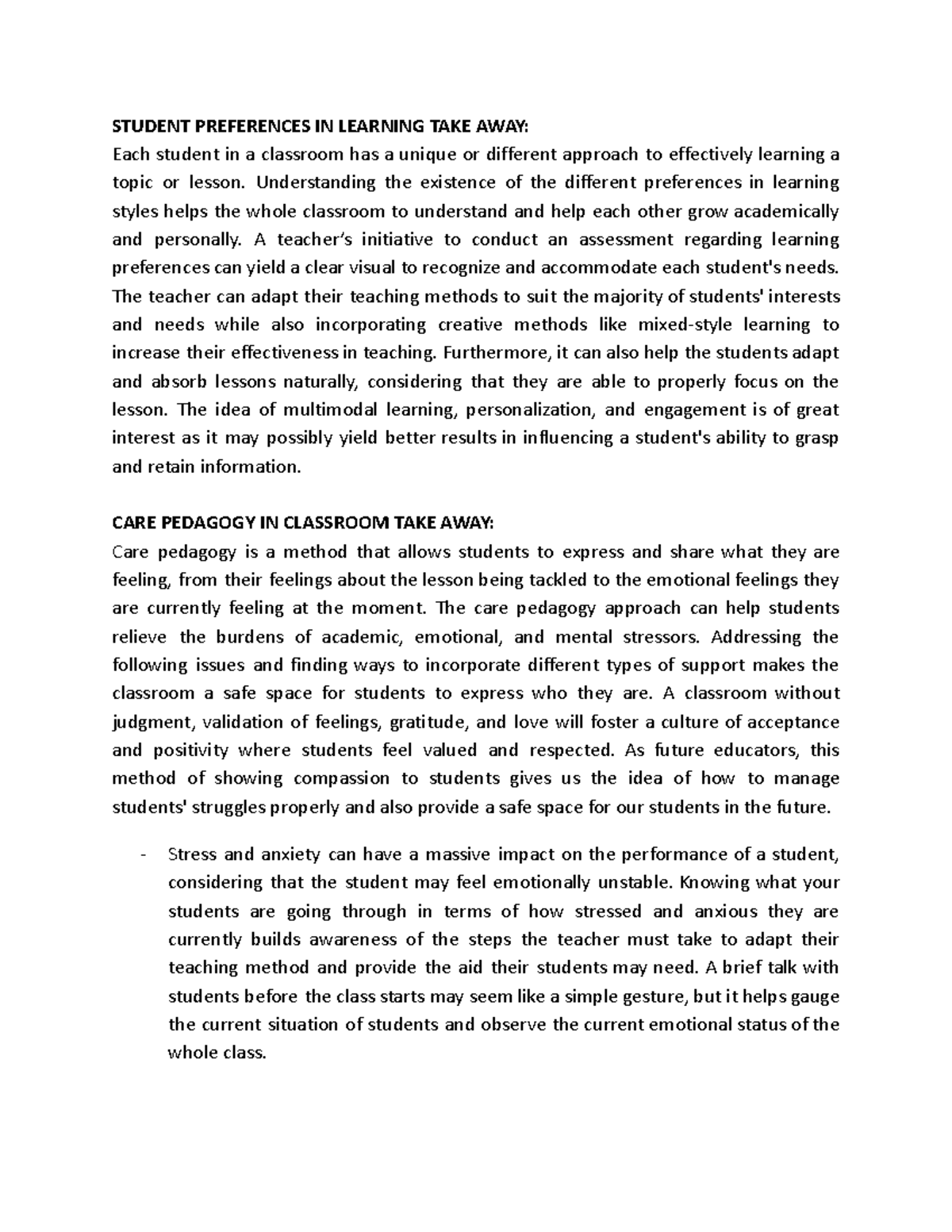 Special Education Lesson 1 Takeaways - STUDENT PREFERENCES IN LEARNING ...