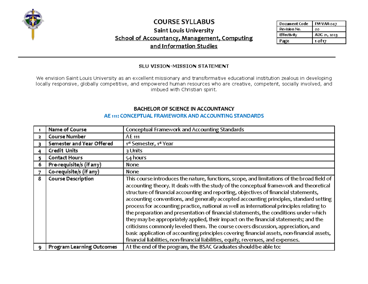 FM-VAA-047-AE111-Course Syllabus-BSAC - ####### Document Code FM-VAA ...