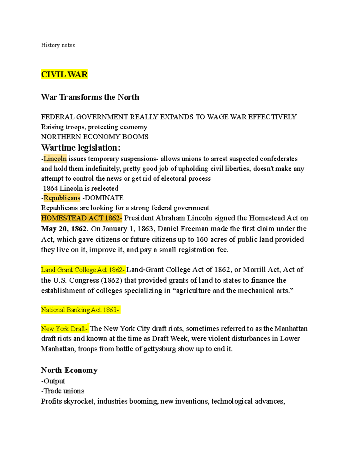 History notes war - History notes CIVIL WAR War Transforms the North ...