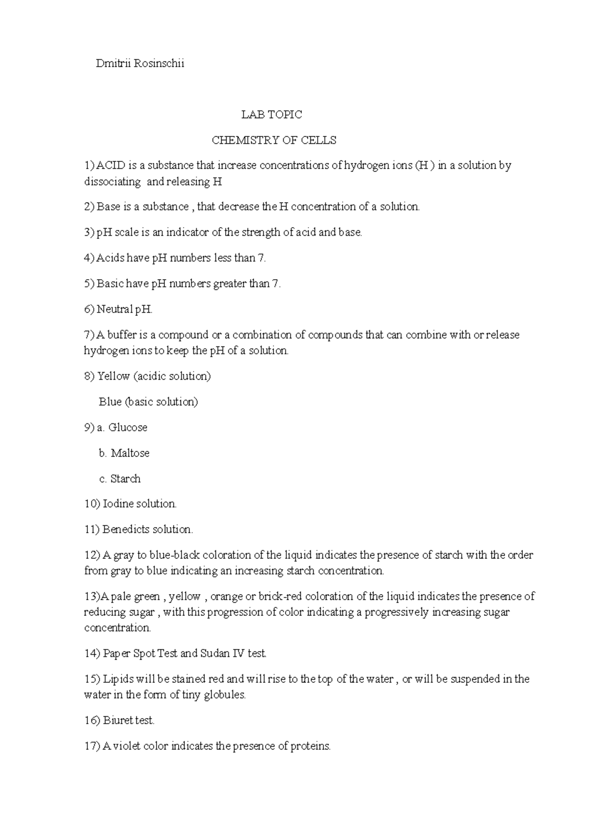 LAB Topic Chemistry OF Cells - Dmitrii Rosinschii LAB TOPIC CHEMISTRY ...