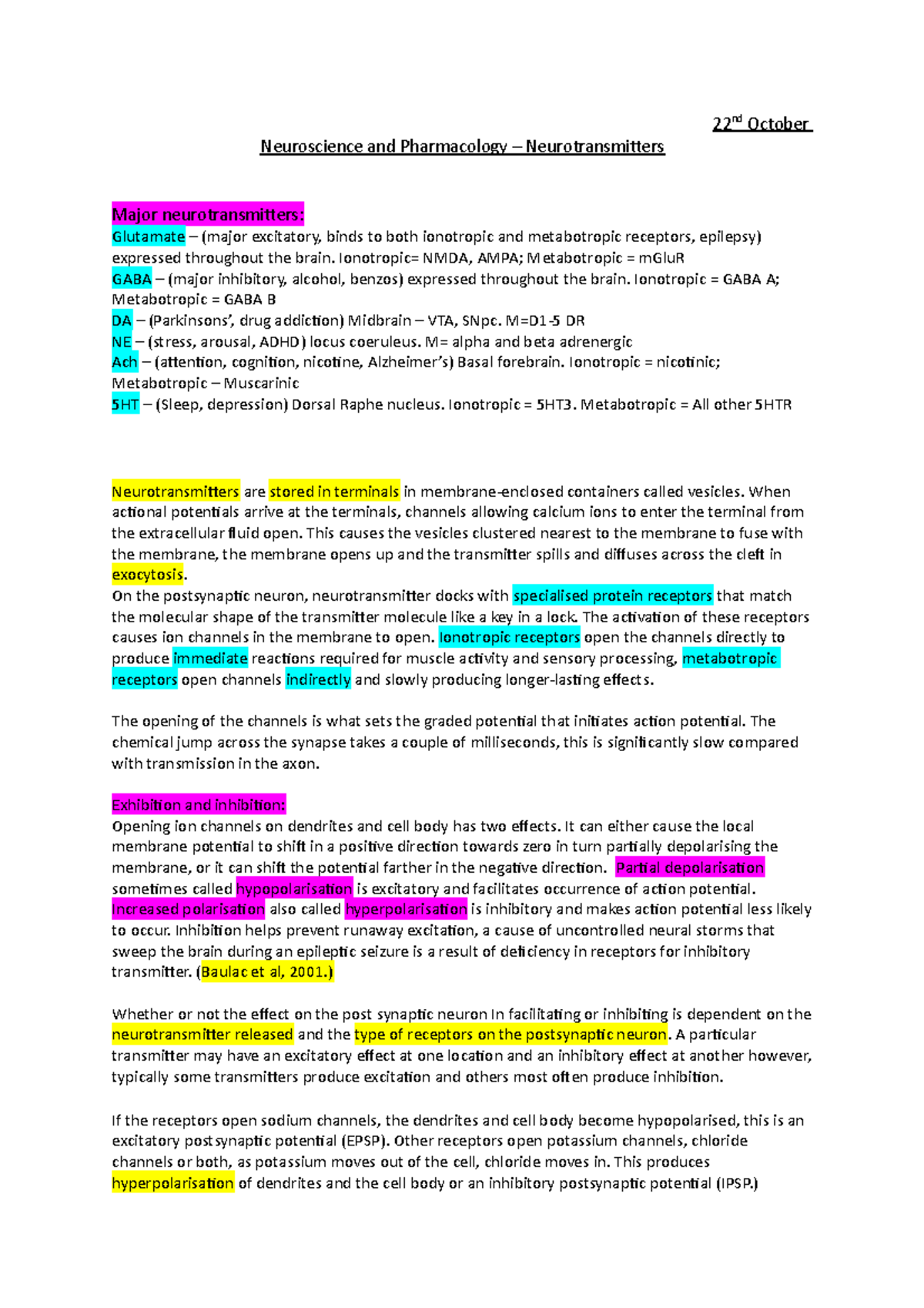 Neurotransmitters- 22nd October - 22 nd October Neuroscience and ...