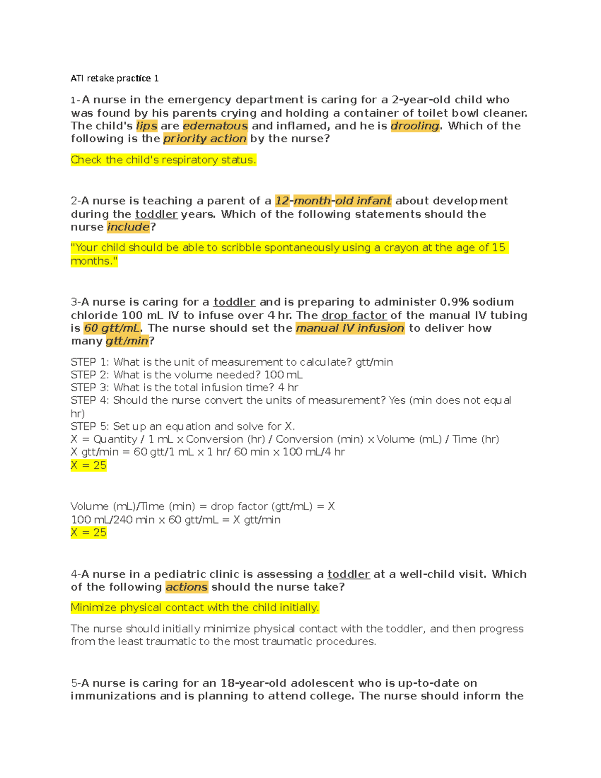 ATI retake practice 1 - PEDS ati possible questions - ATI retake ...