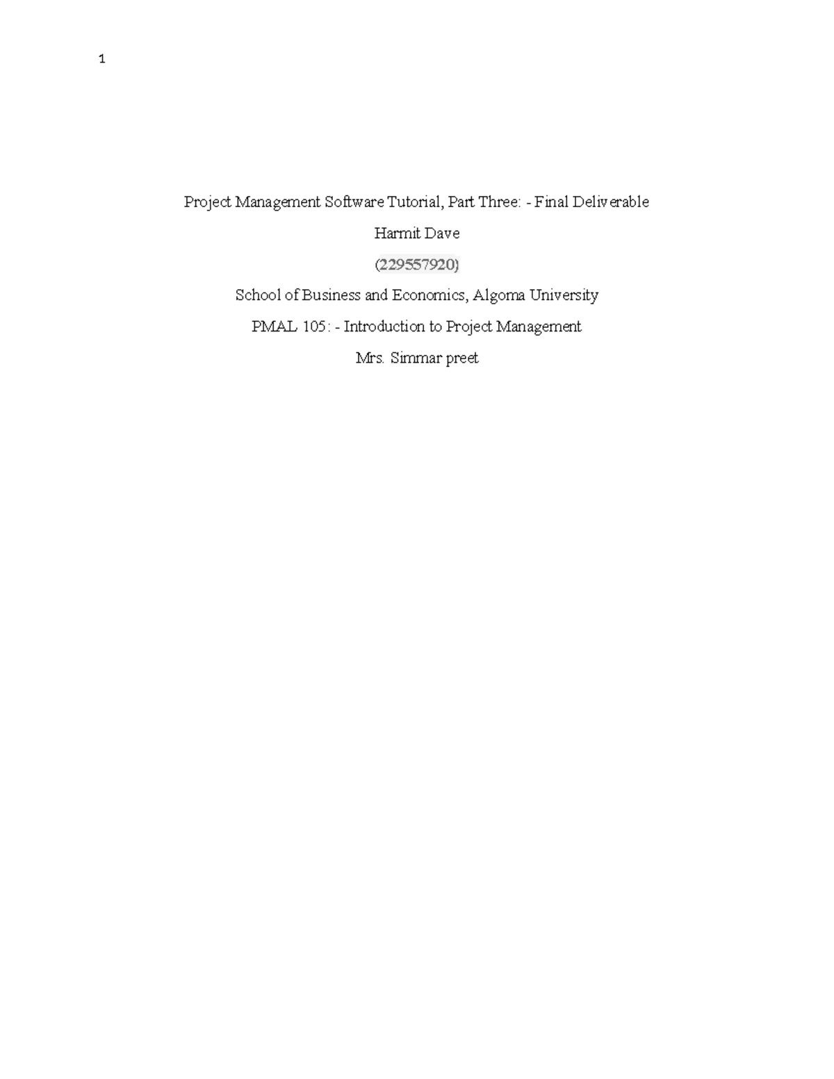 LA 1 Unit 6 - Learning Activity of Unit 6, PMAL 105, Algoma University ...