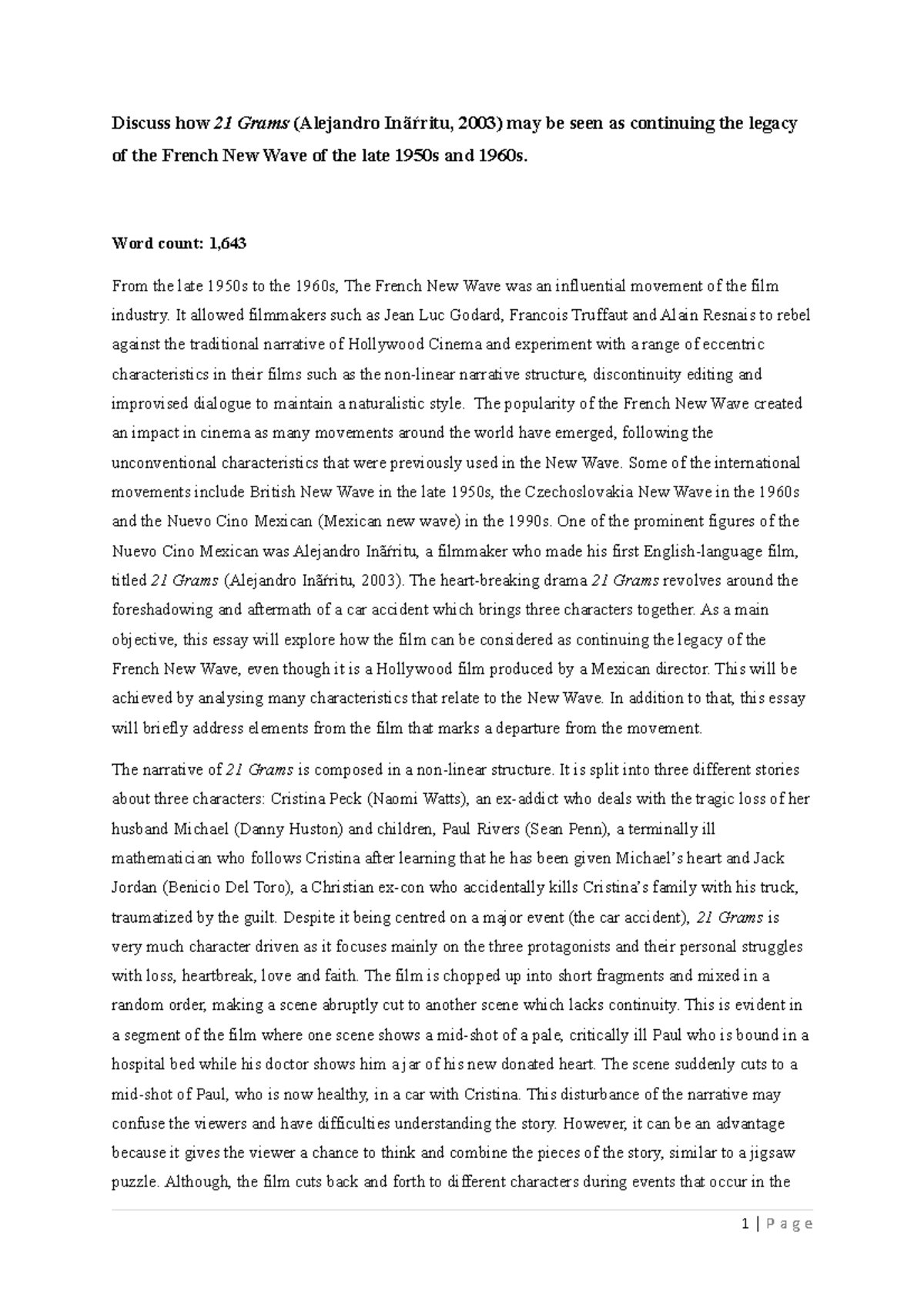 European Realisms CW2 - Grade: 1st - Discuss how 21 Grams (Alejandro ...