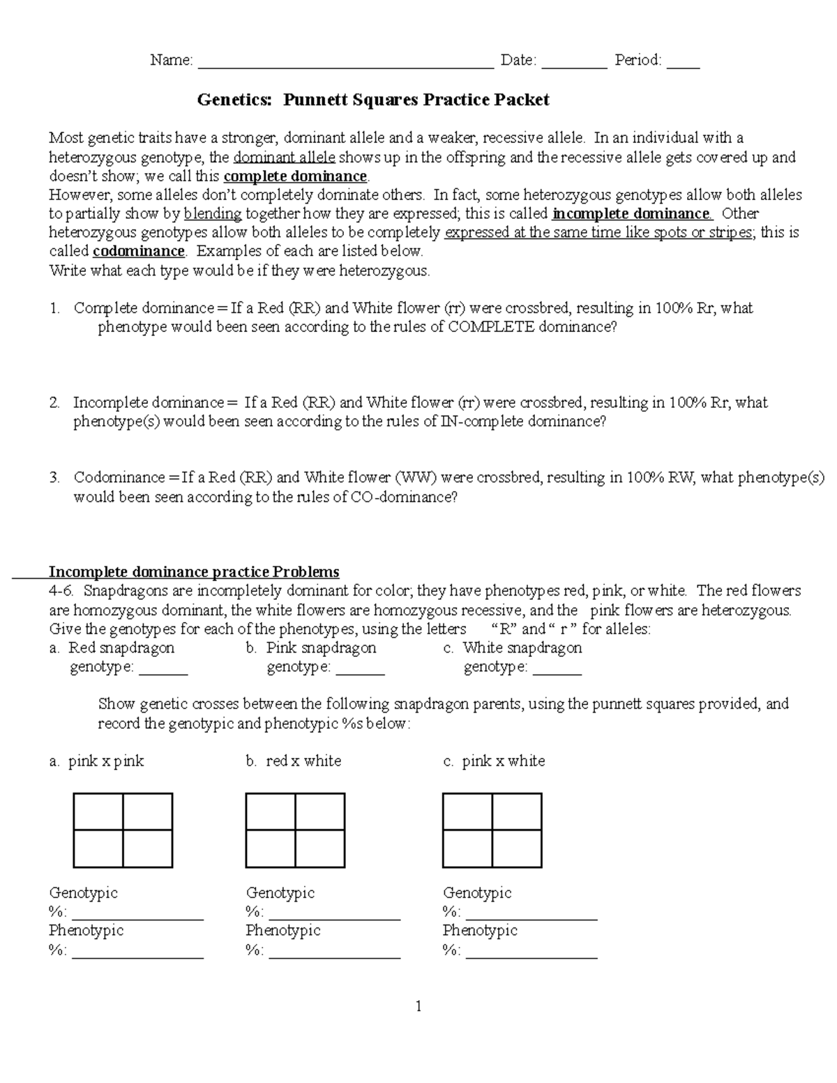 Punnett square and Pedigrees - ####### Name ...