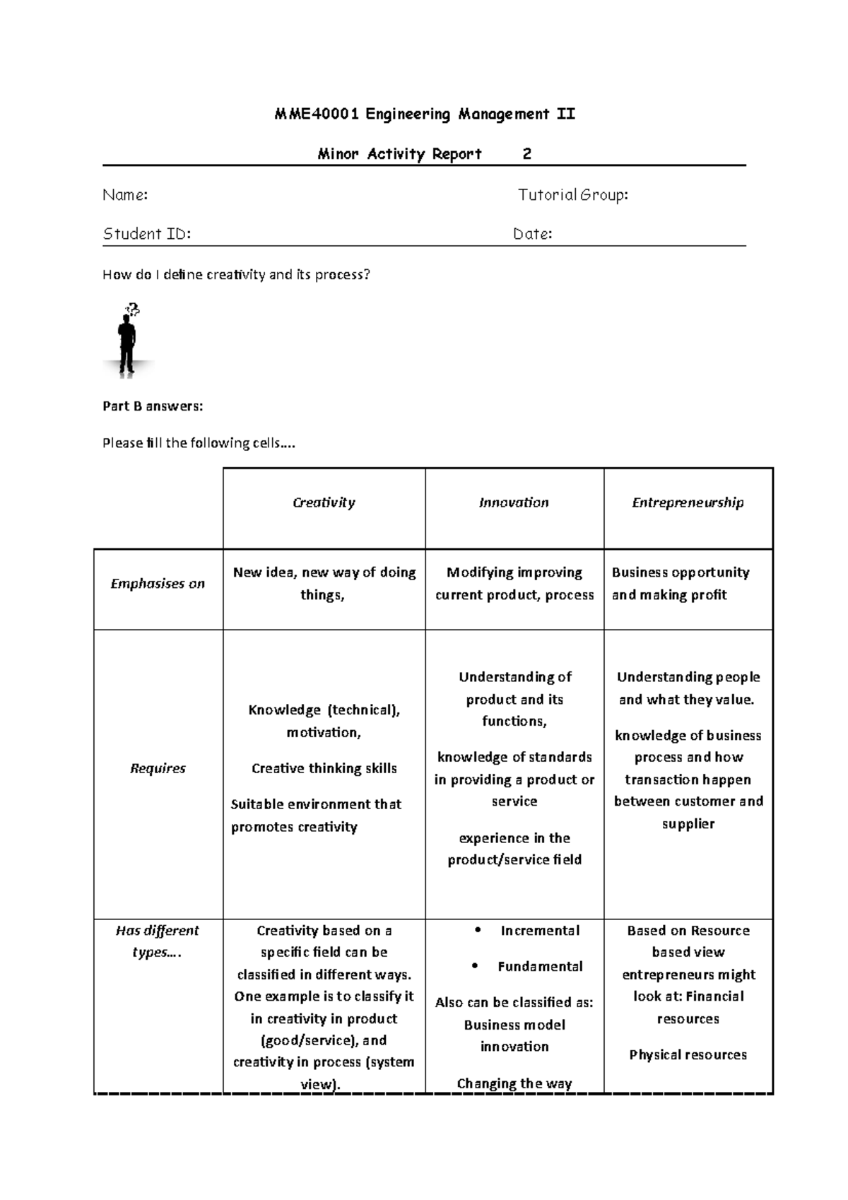 Minor activity 2 creativity with answers - MME40001 Engineering ...