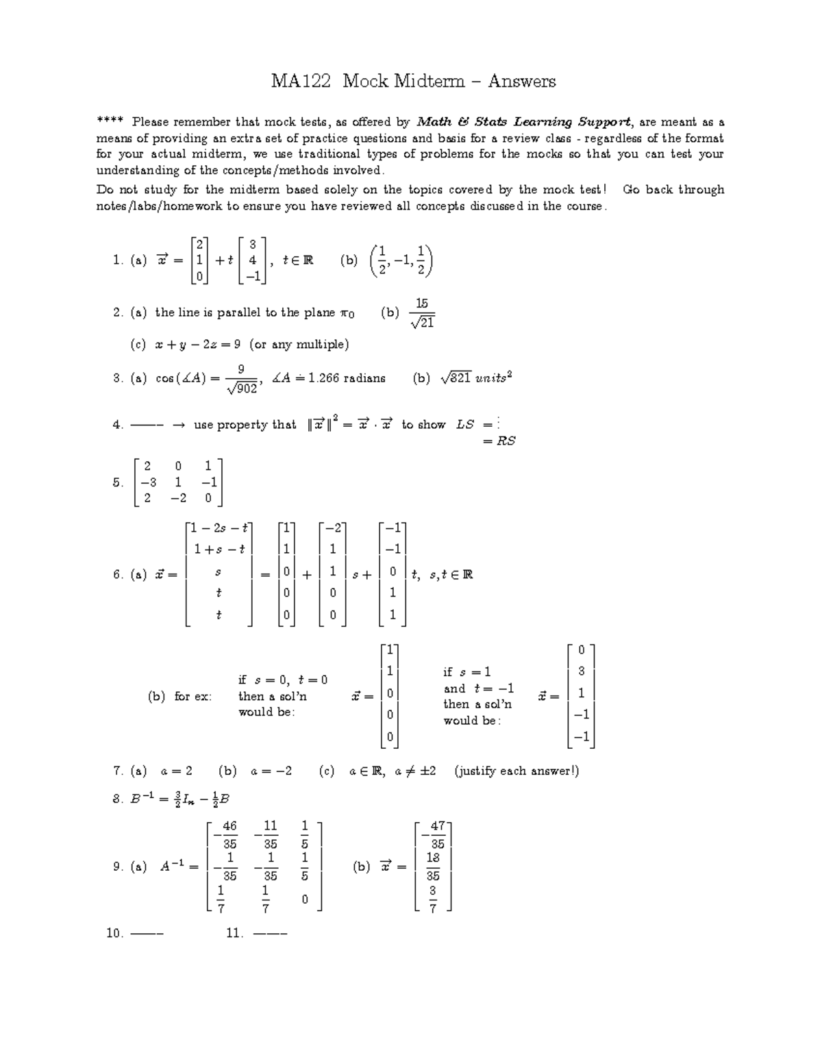 Mock Ma122 Mid F22 ans - mock answers - MA122 Mock Midterm ñAnswers **** Please remember that ...