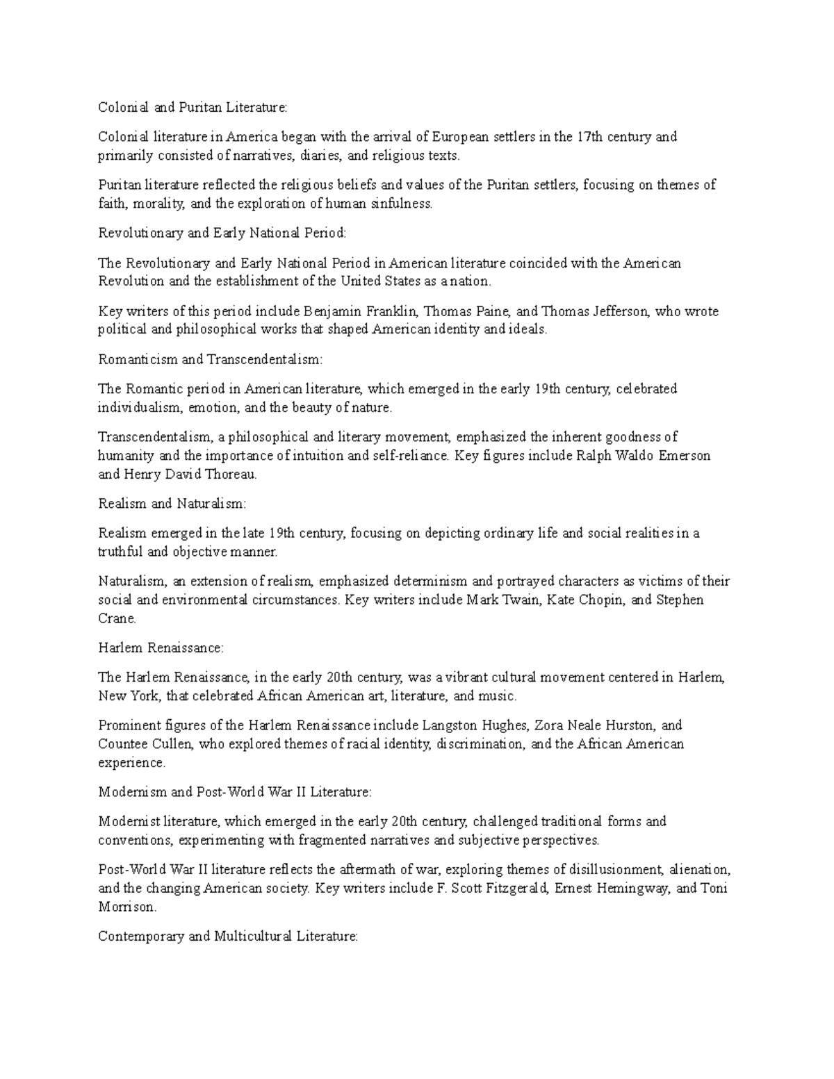 American Literature Overview Notes - Colonial and Puritan Literature ...