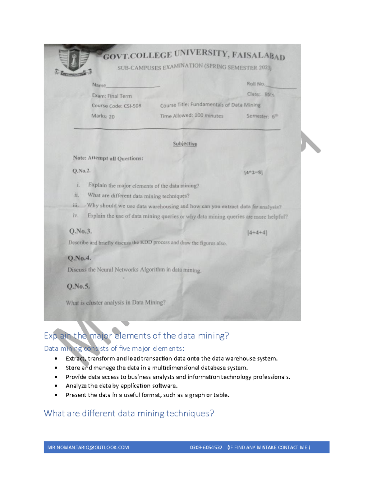 Data Mining pastpaper solve by M.Noman Tariq - Explain the major elements of the data mining ...