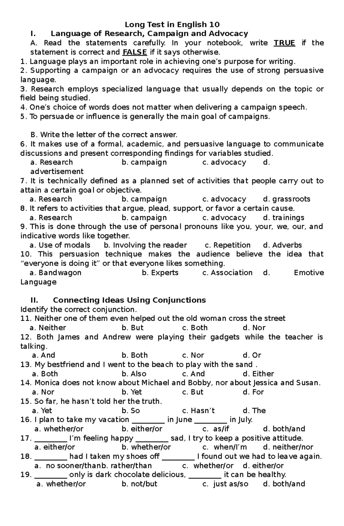 Pre-Test in English 10 Q2 - Long Test in English 10 I. Language of ...
