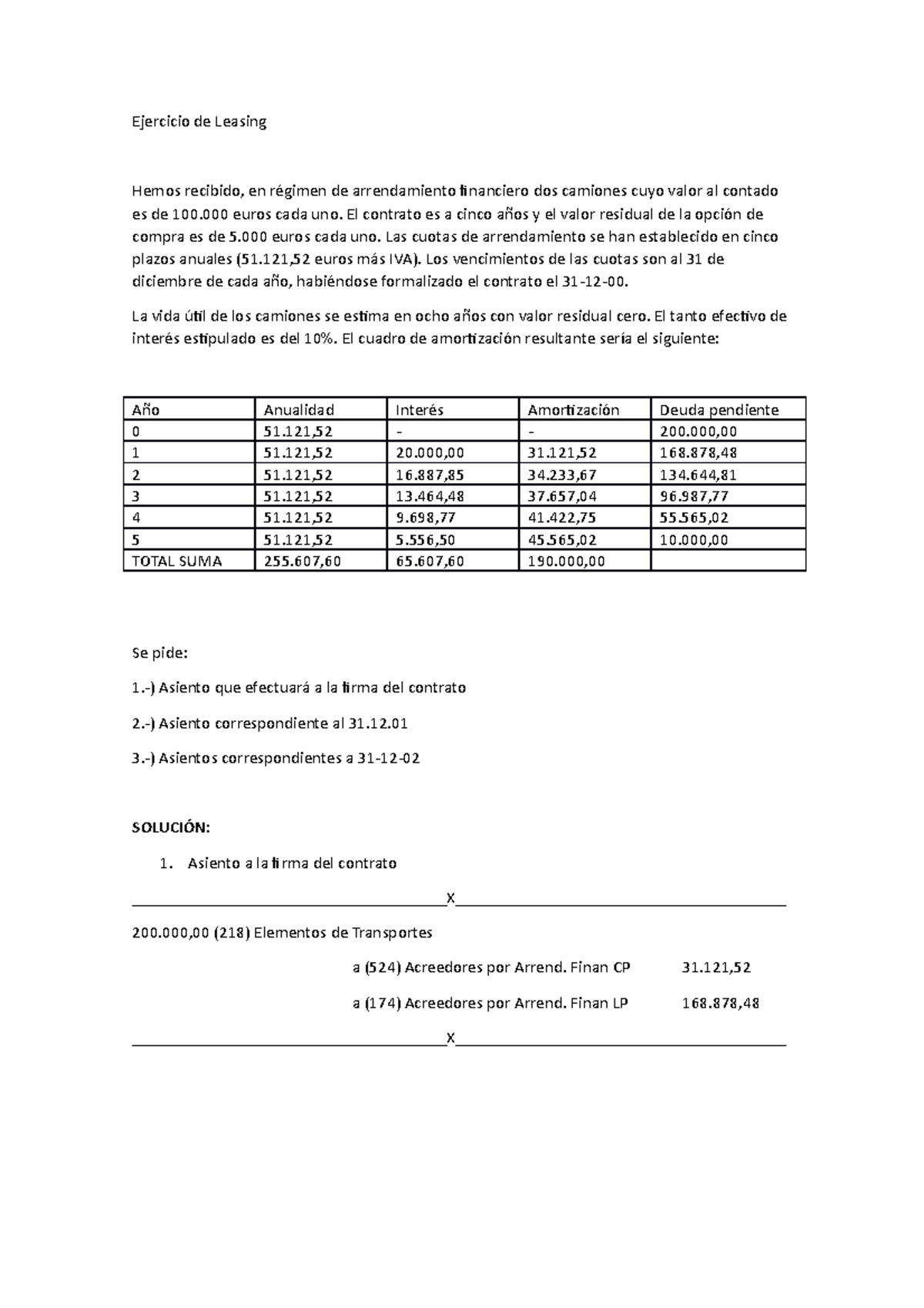 Ejercicio de Leasing CON Solucion - Ejercicio de Leasing Hemos recibido, en régimen de ...