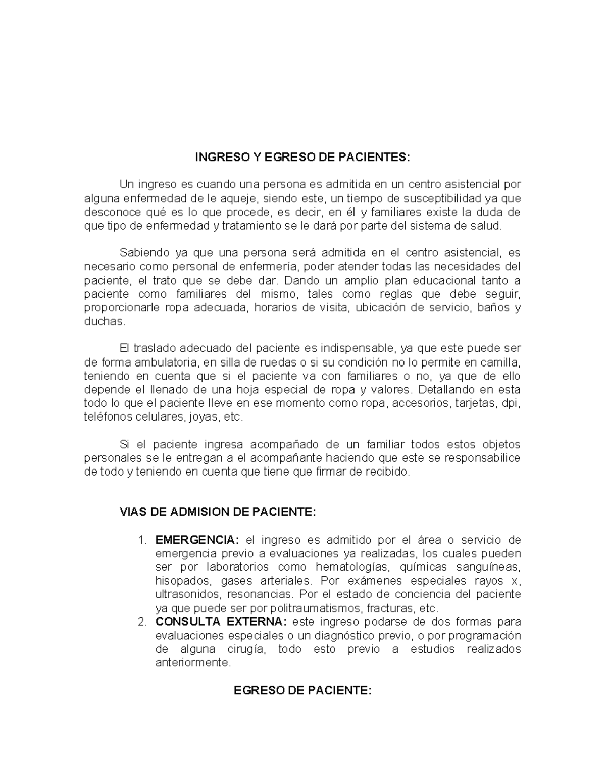 Compendio - compencio - INGRESO Y EGRESO DE PACIENTES: Un ingreso es ...