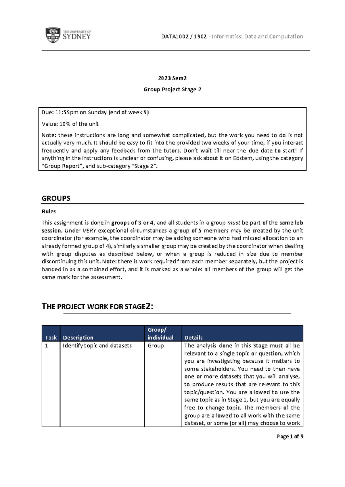 Data1x02 2023 Project stage 2 - 2023 Sem Group Project Stage 2 Due: 11:59pm on Sunday (end of ...
