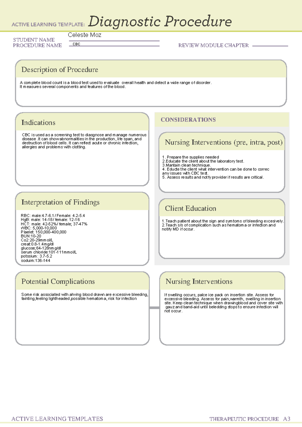 Diagnostic Procedure ATI template for CBC - STUDENT NAME PROCEDURE NAME ...