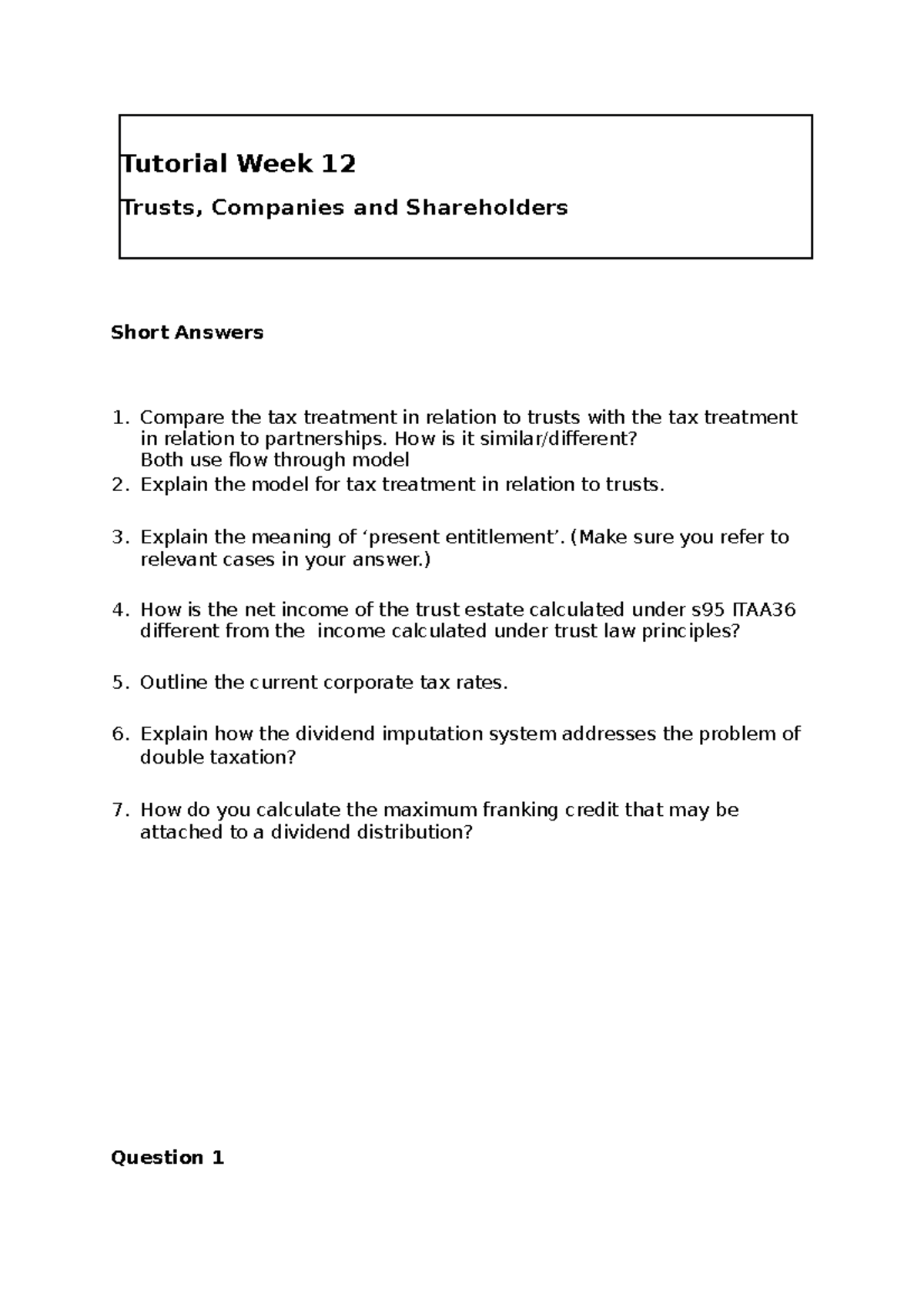Wk 12 Tutorial Trust Shareholders - Tutorial Week 12 Trusts, Companies and Shareholders Short ...