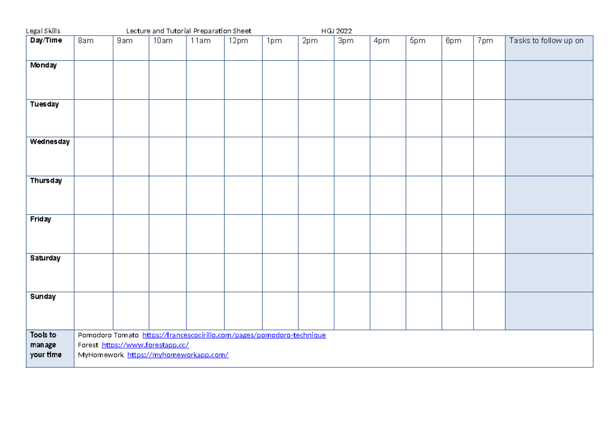 Weekly Planning Sheet - MN10442 - Legal Skills Lecture and Tutorial ...