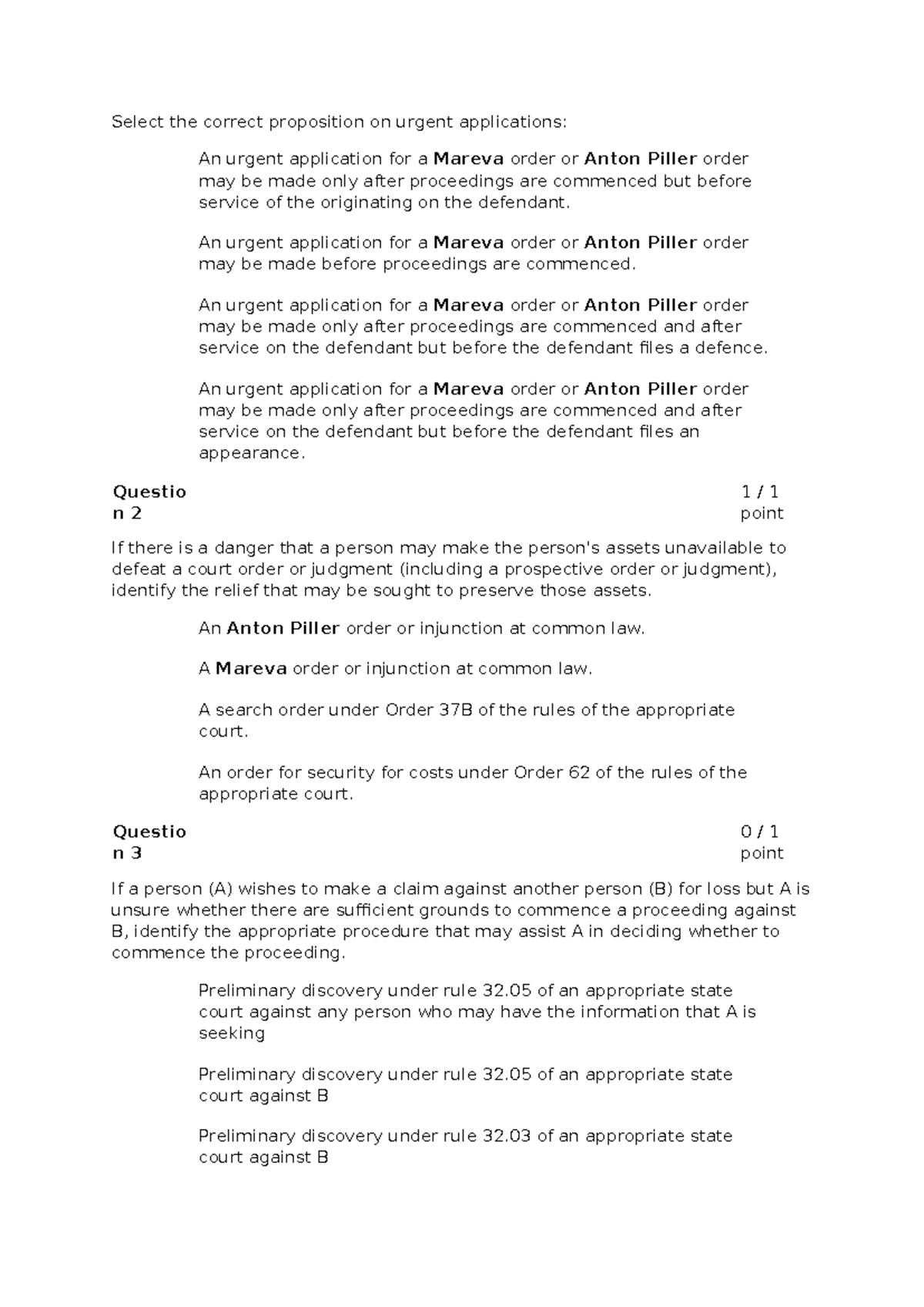 Civil Procedure Quiz - 1A - Select the correct proposition on urgent ...