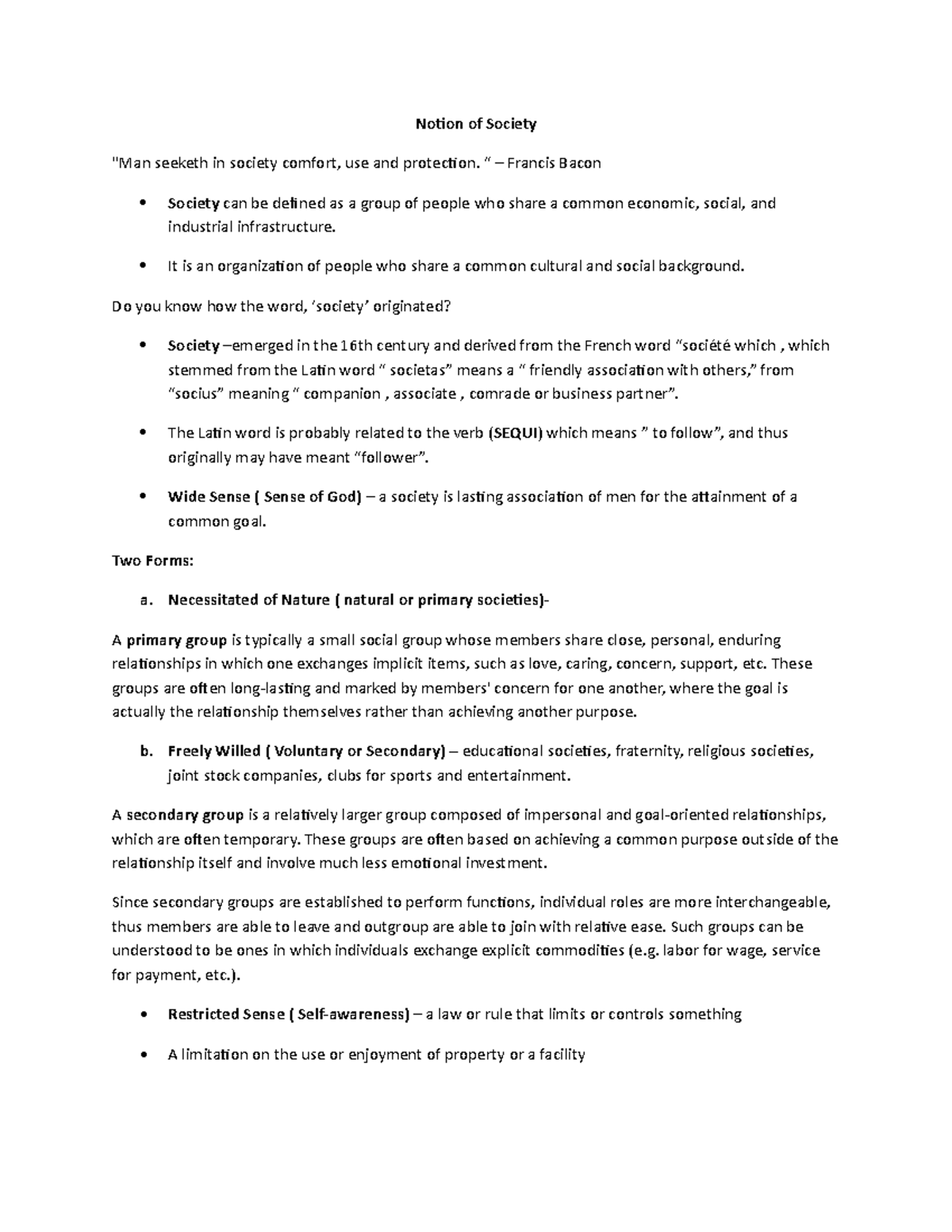 Notion of Society - FCL Notes - Notion of Society "Man seeketh in ...