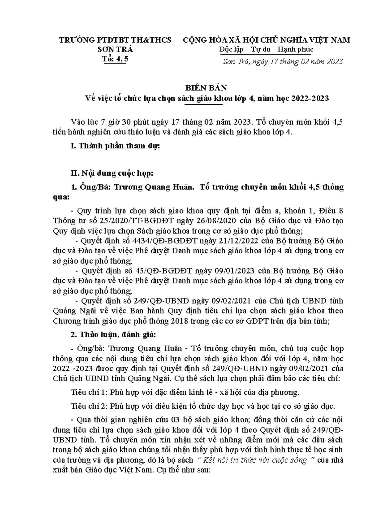 BB( To 4-5) - fhghj - TRƯỜNG PTDTBT TH&THCS SƠN TRÀ Tổ: 4, 5 CỘNG HÒA ...