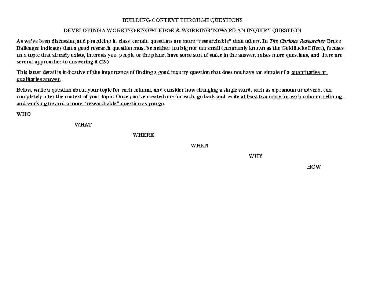Inquiry Question Worksheet - BUILDING CONTEXT THROUGH QUESTIONS ...
