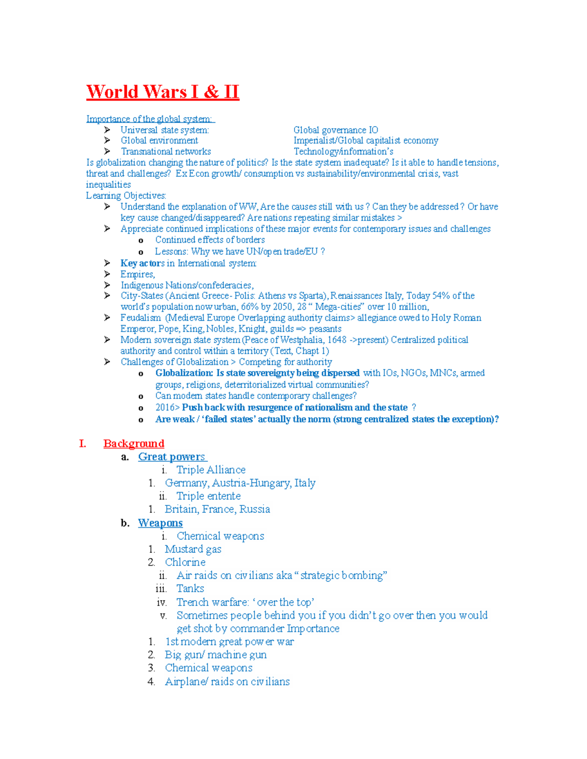Poli 260 5 World Wars I II - World Wars I & II Importance of the global ...
