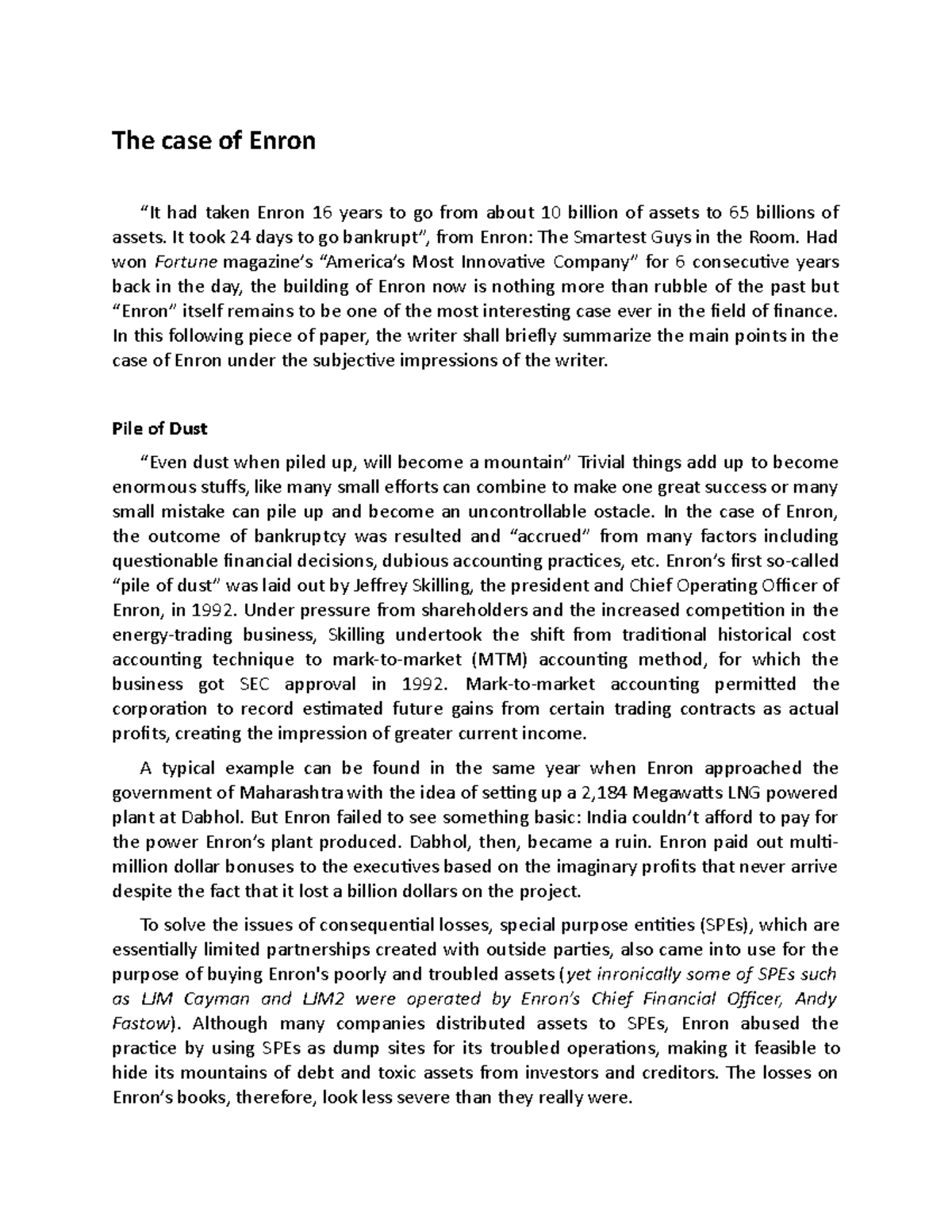 The case study summary of Enron Corporation scandal - The case of Enron ...